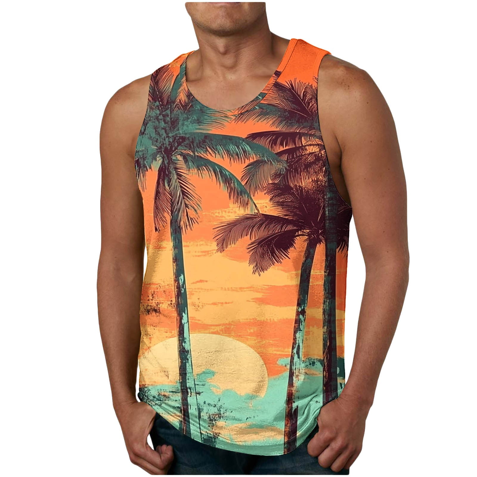 cllios Men's Hawaiian Tank Tops Tropical Palm Tree Beach Tops Sleeveless Basic T-Shirt ...