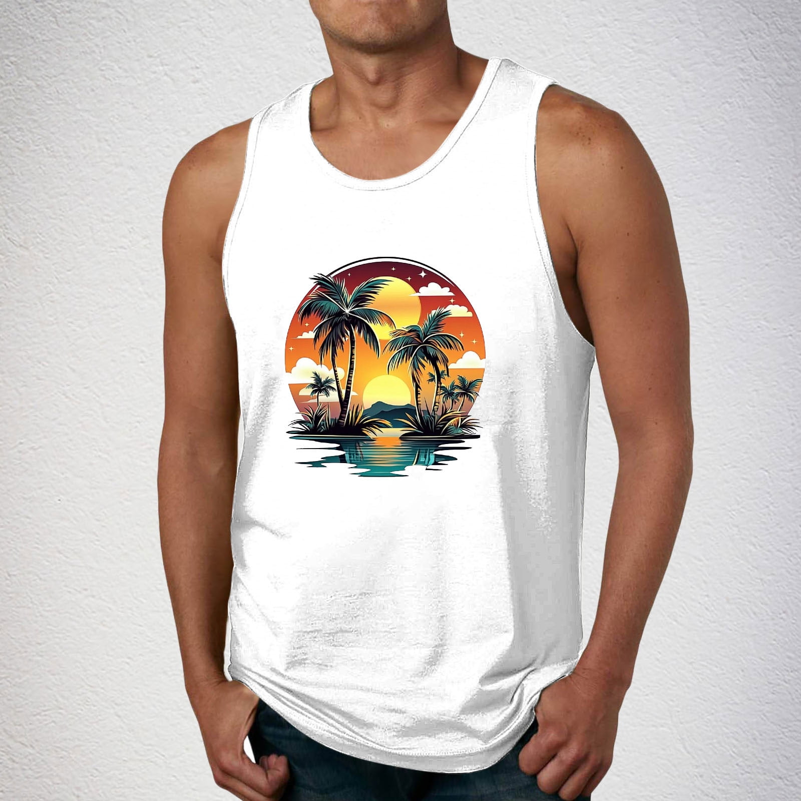 cllios Men's Hawaiian Tank Tops Tropical Palm Tree Beach Tops Sleeveless Basic T-Shirt ...