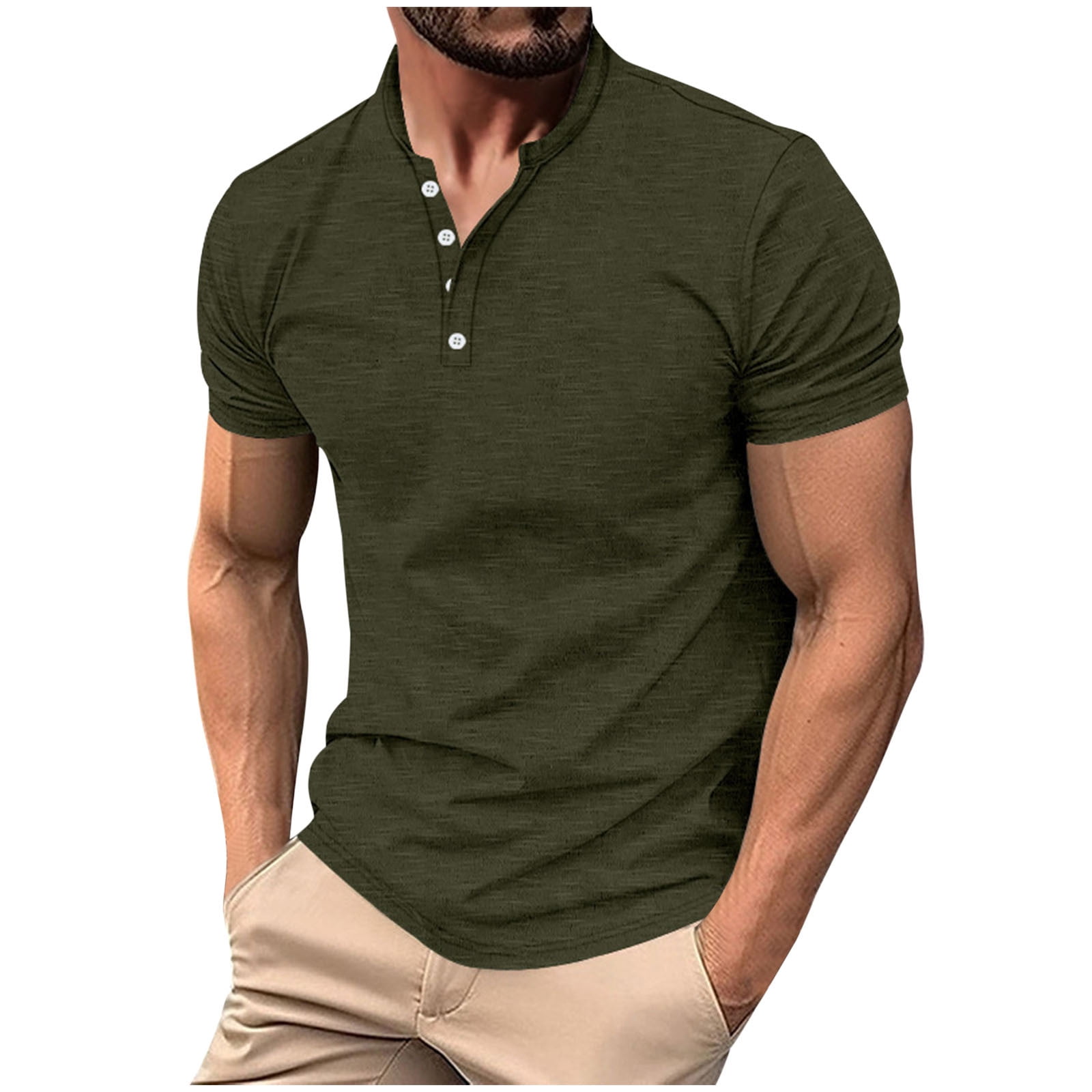 cllios Men's Henley Shirts Solid Color Stand Collar Tshirts Slim Fit Short Sleeve Workout T ...