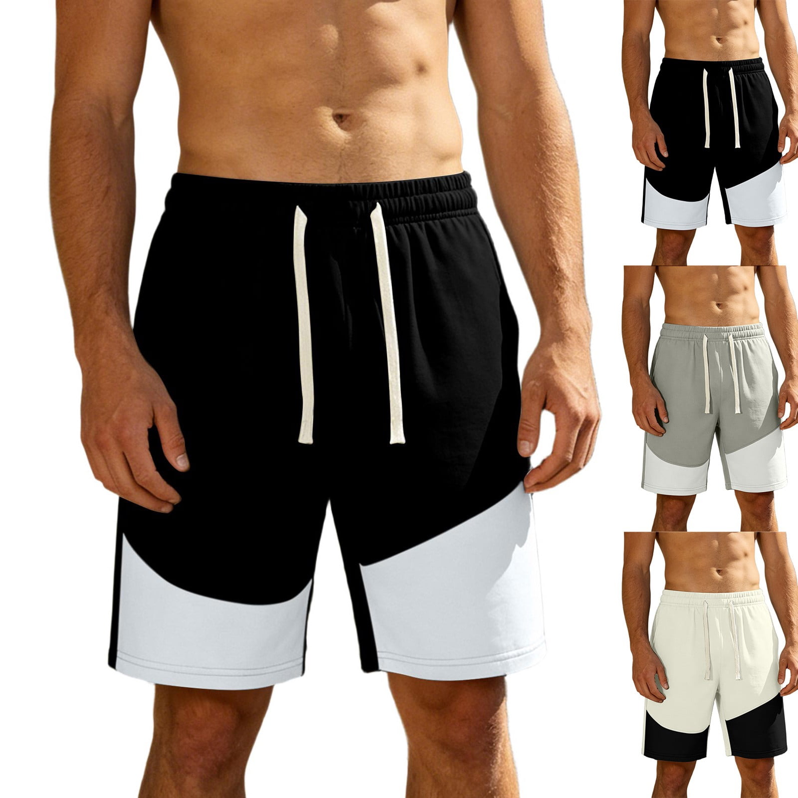 cllios Men's Shorts Color Block Patchwork Elastic Drawstring Waist Soft ...