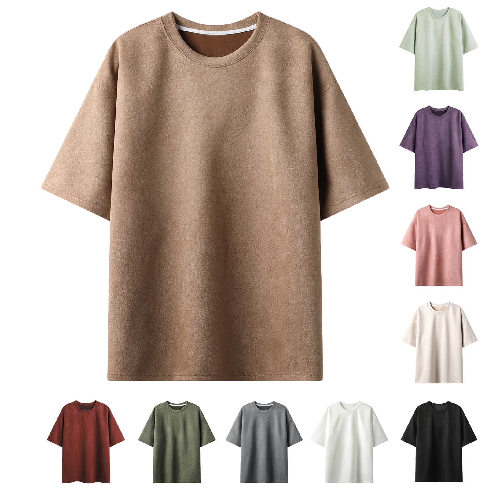 cllios Men's Solid Faux Suede T-Shirt Casual Oversized Washed T Shirt Round Neck Drop Shoulder ...
