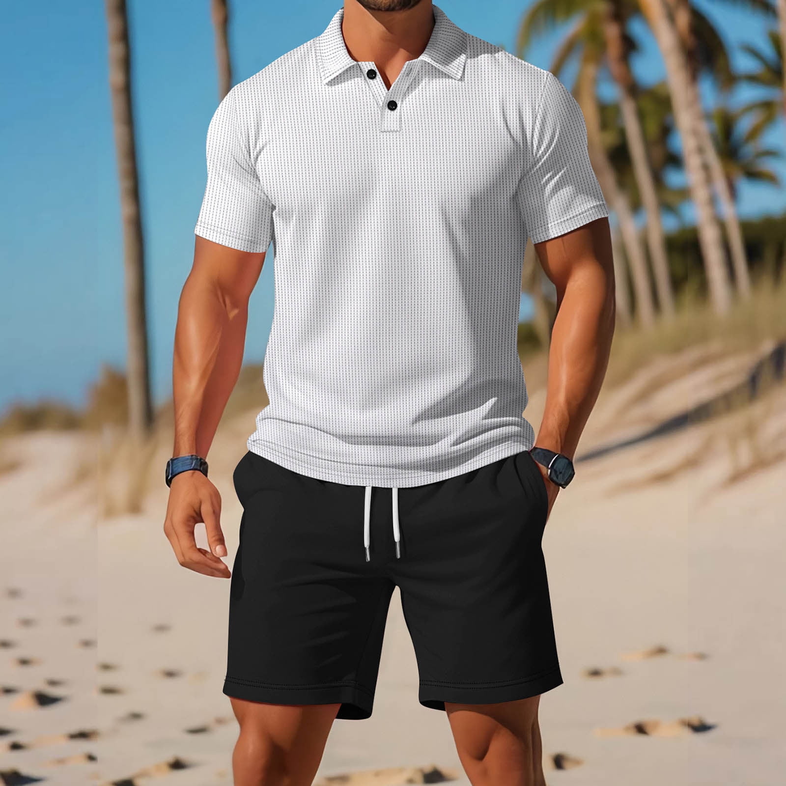 cllios Men's Summer Beach Outfits 2 Piece Casual Textured Henley Shirt ...