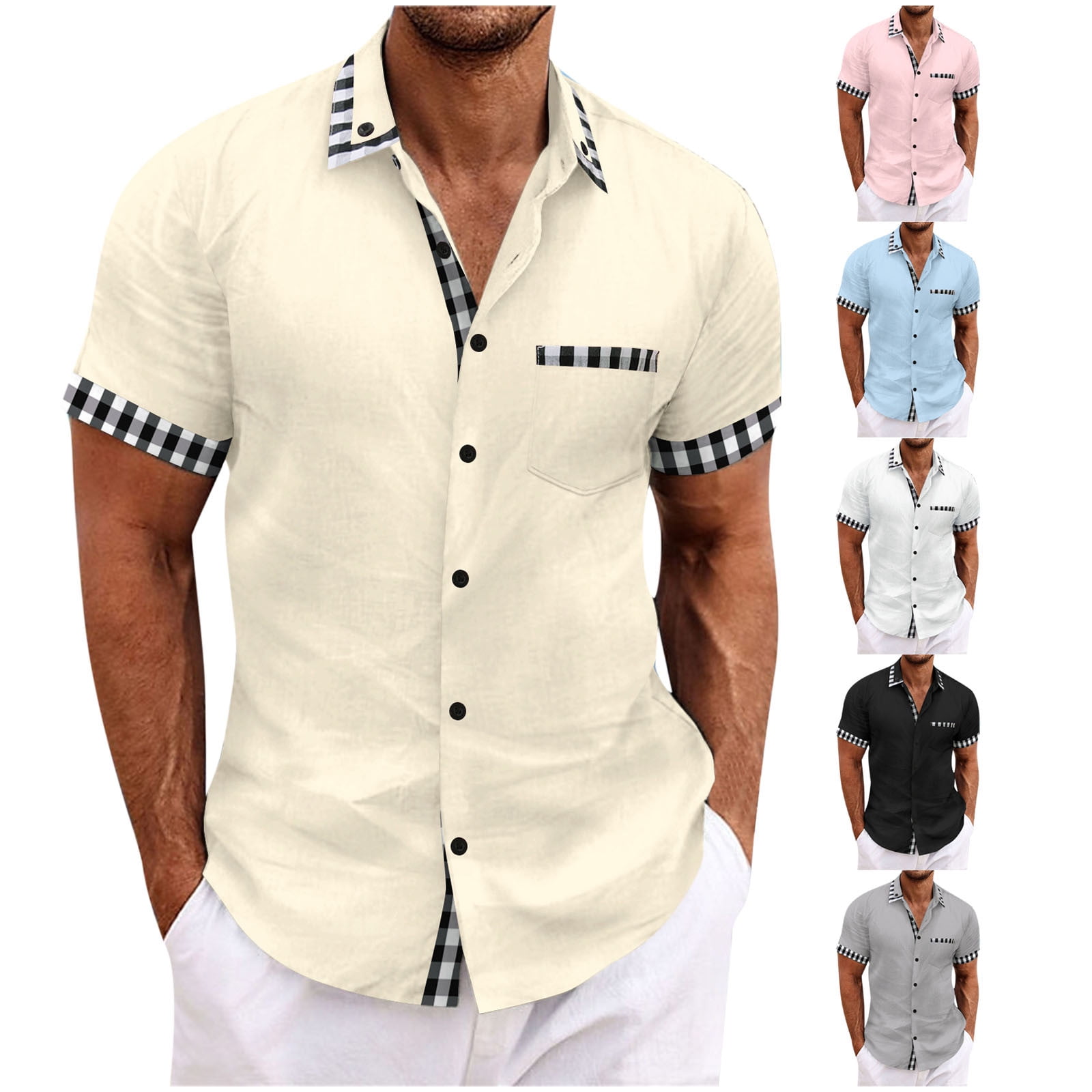 cllios Men's Summer Button Down Shirts Cotton Linen Dress Shirt Short Sleeve Plaid Holiday Beach ...