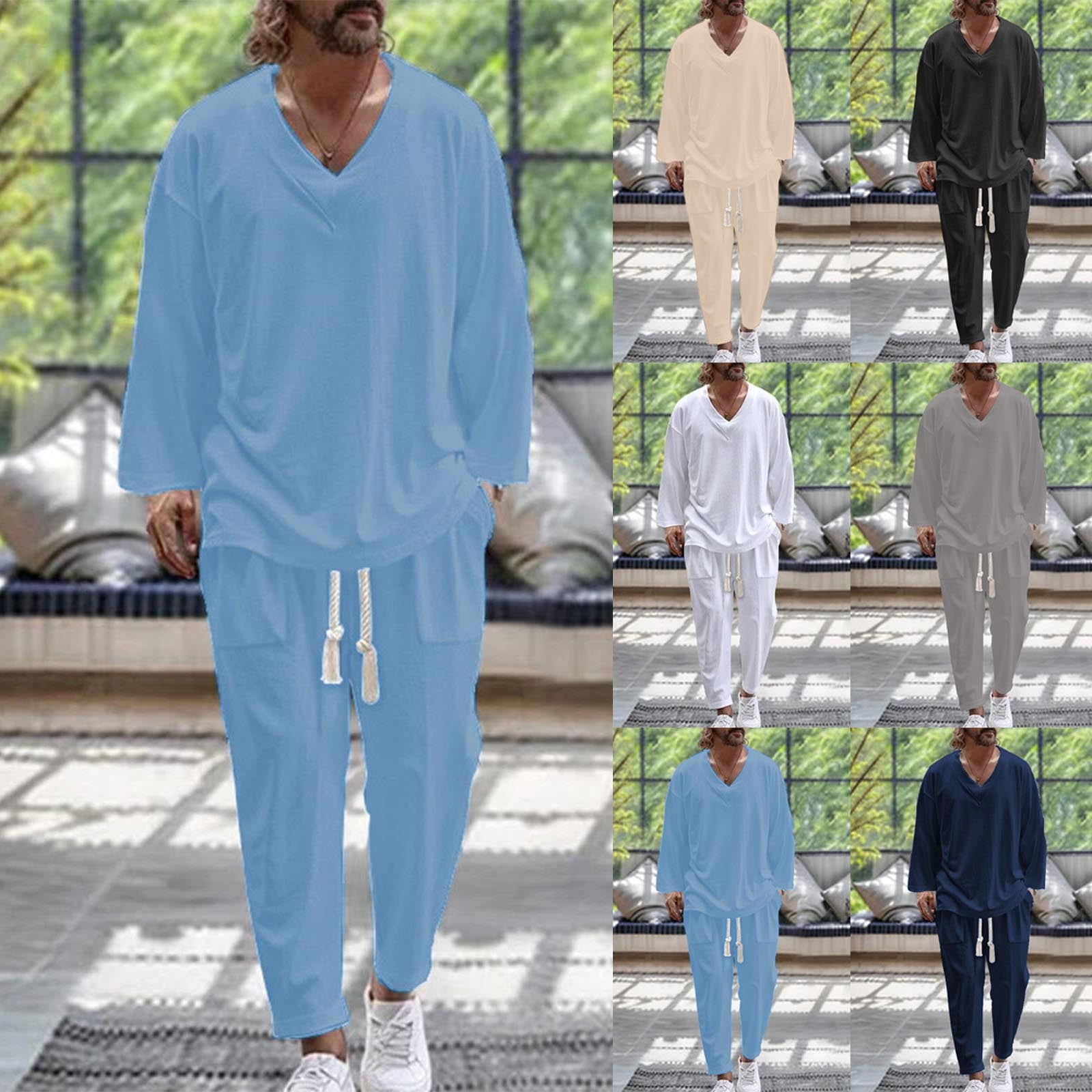 cllios Men's Summer Outfits 2 Piece Cotton Sets Baggy Long Sleeve V ...