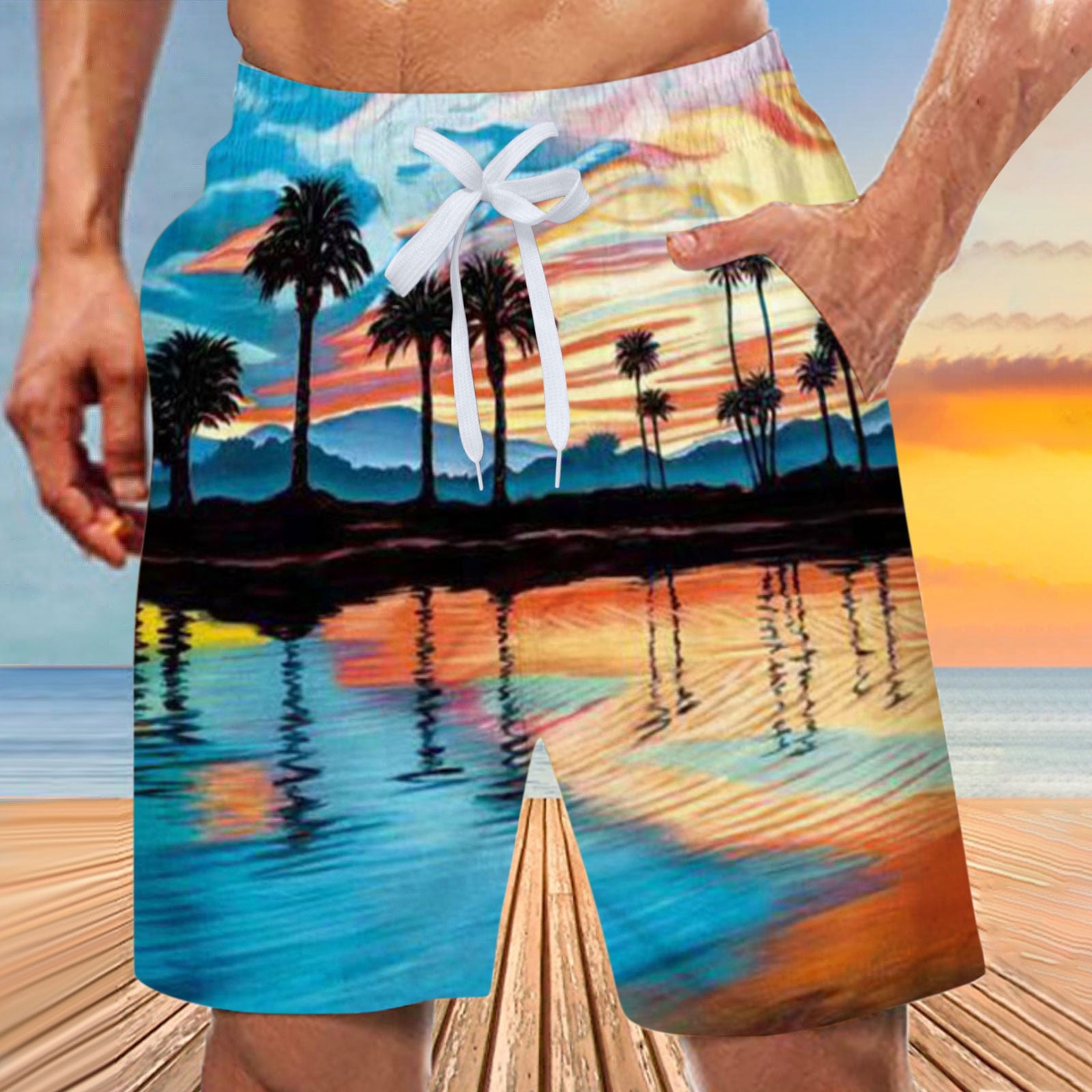 Cllios Mens Swimming Trunks Summer Palm Tree Tropical Print Bathing Suit Casual Drawstring