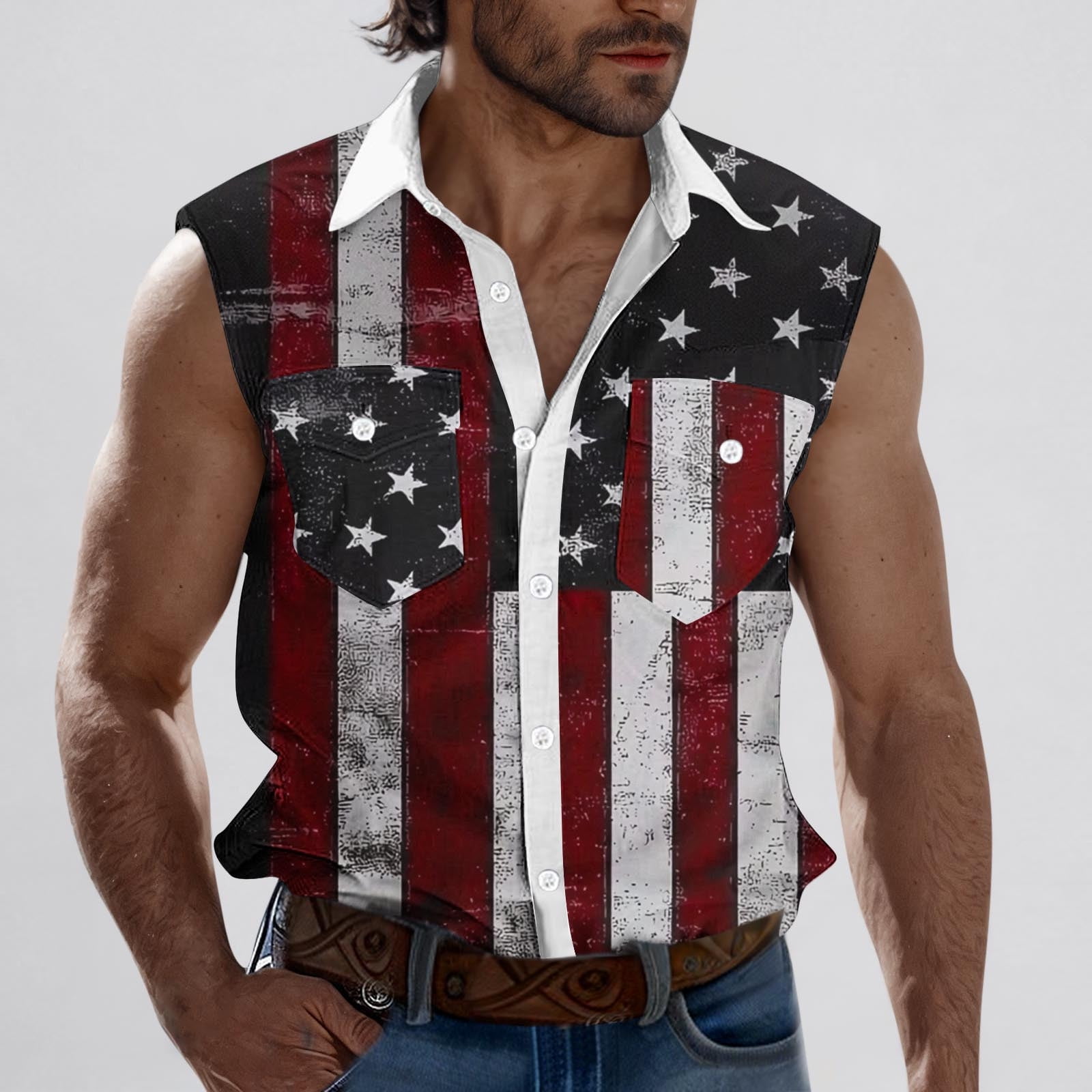 cllios Mens 4th of July American Flag Tank Top Distressed Red White and Blue Printed Sleeveless ...