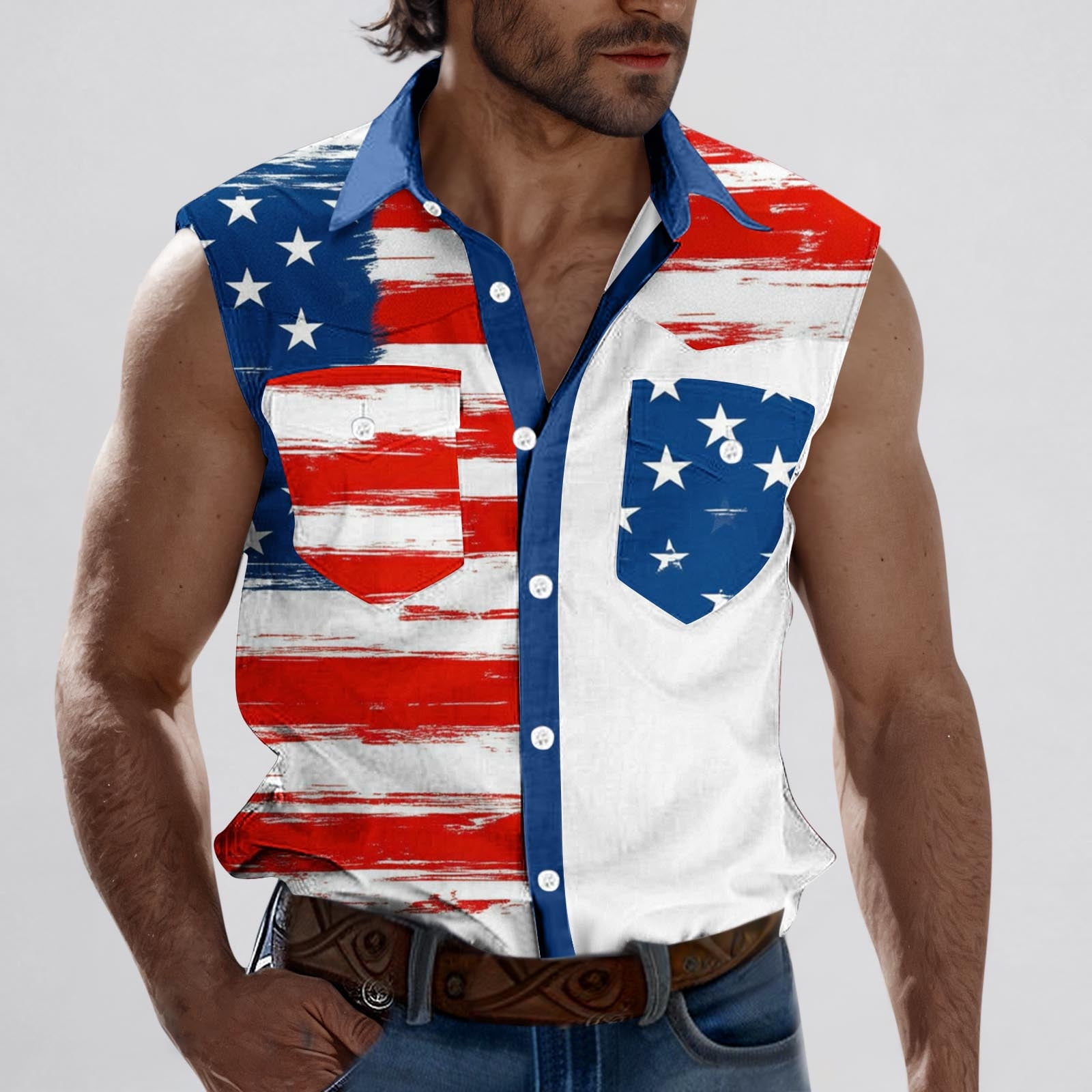 cllios Mens 4th of July American Flag Tank Top Funny Red White and Blue Tshirts Casual Button ...