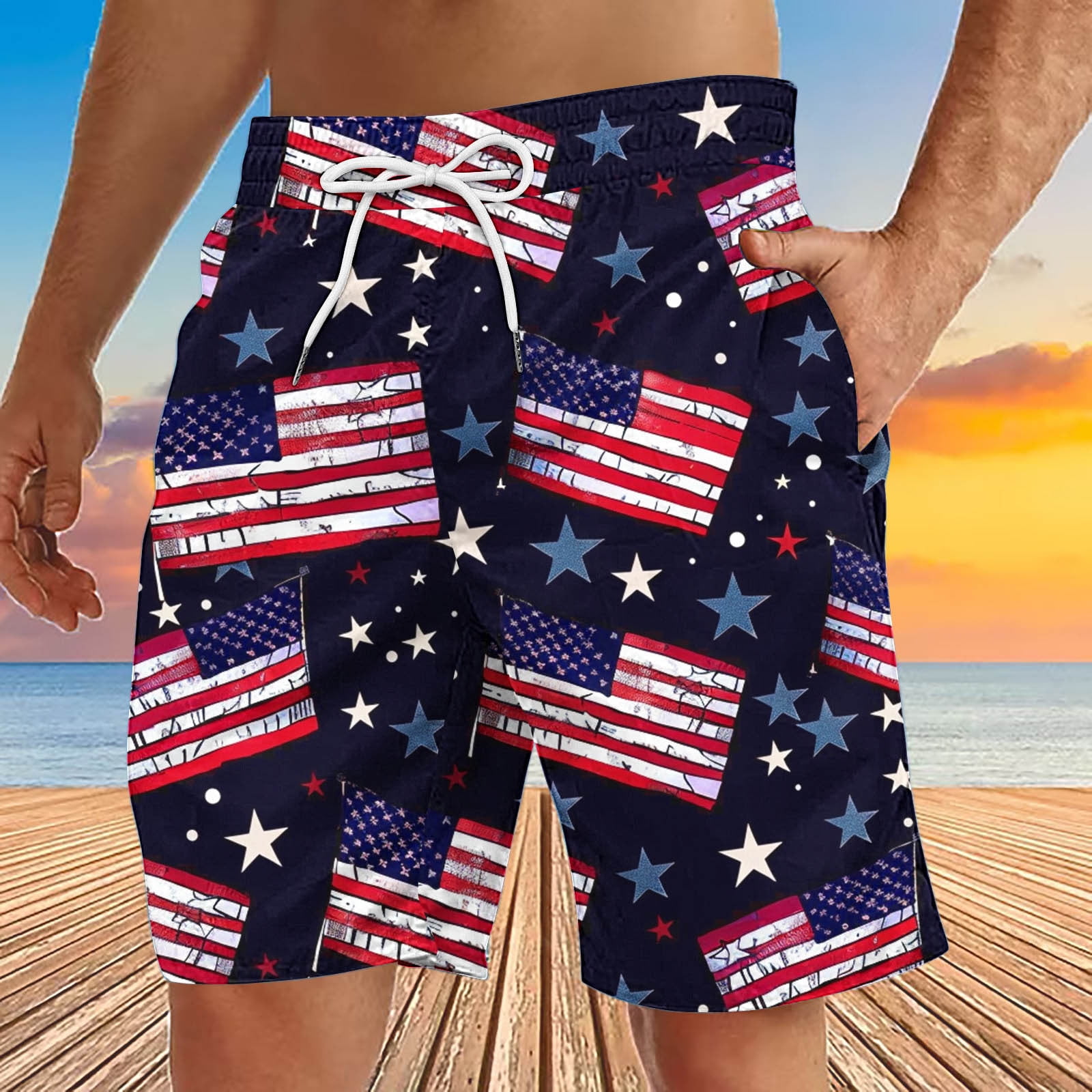 cllios Mens 4th of July Swim Trunks Funny American Flag Bathing Suits ...
