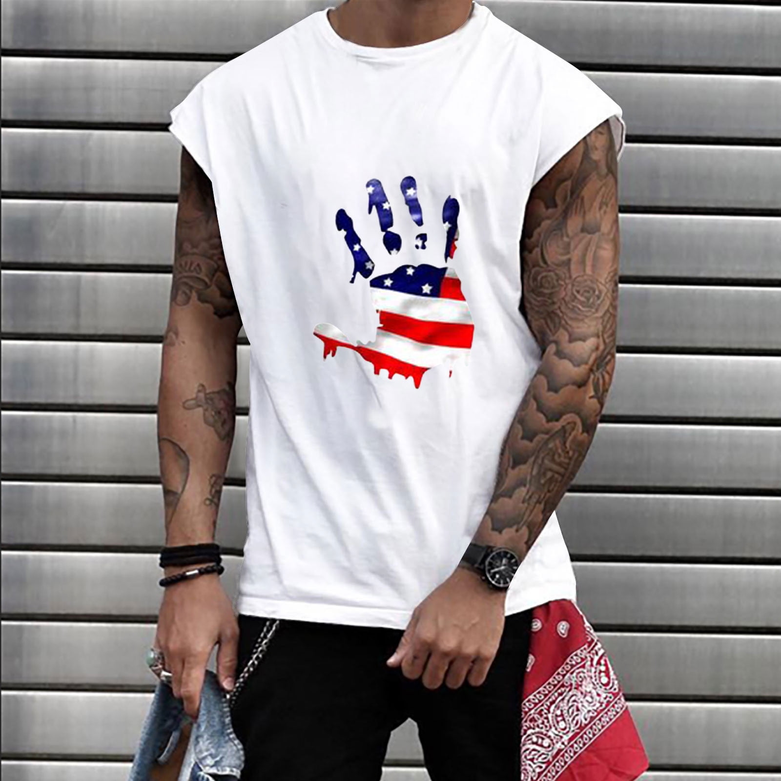 cllios Mens 4th of July Tank Tops American Flag Print Tank Tops Casual Fitness Sports Crew Neck ...