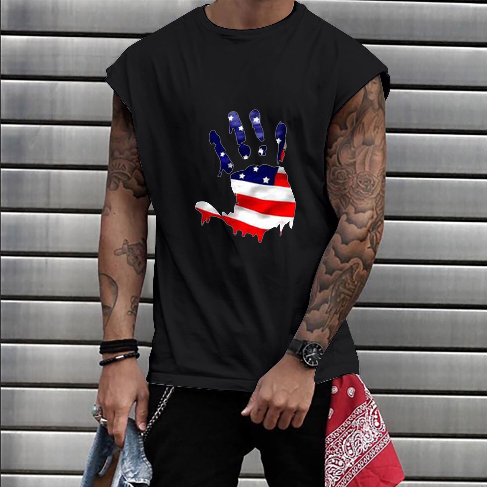 cllios Mens 4th of July Tank Tops American Flag Print Tank Tops Casual Fitness Sports Crew Neck ...