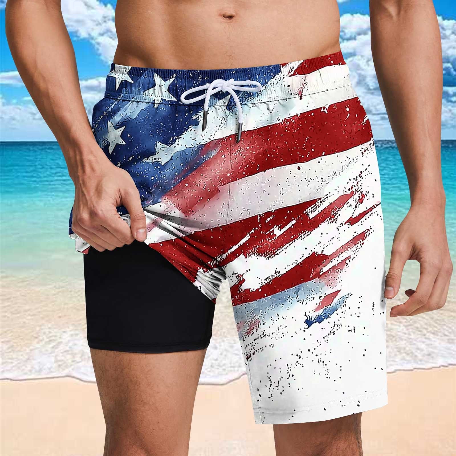 cllios Mens American Flag Swim Trunks 4th of July Board Shorts with Compression Liner Quick Dry ...