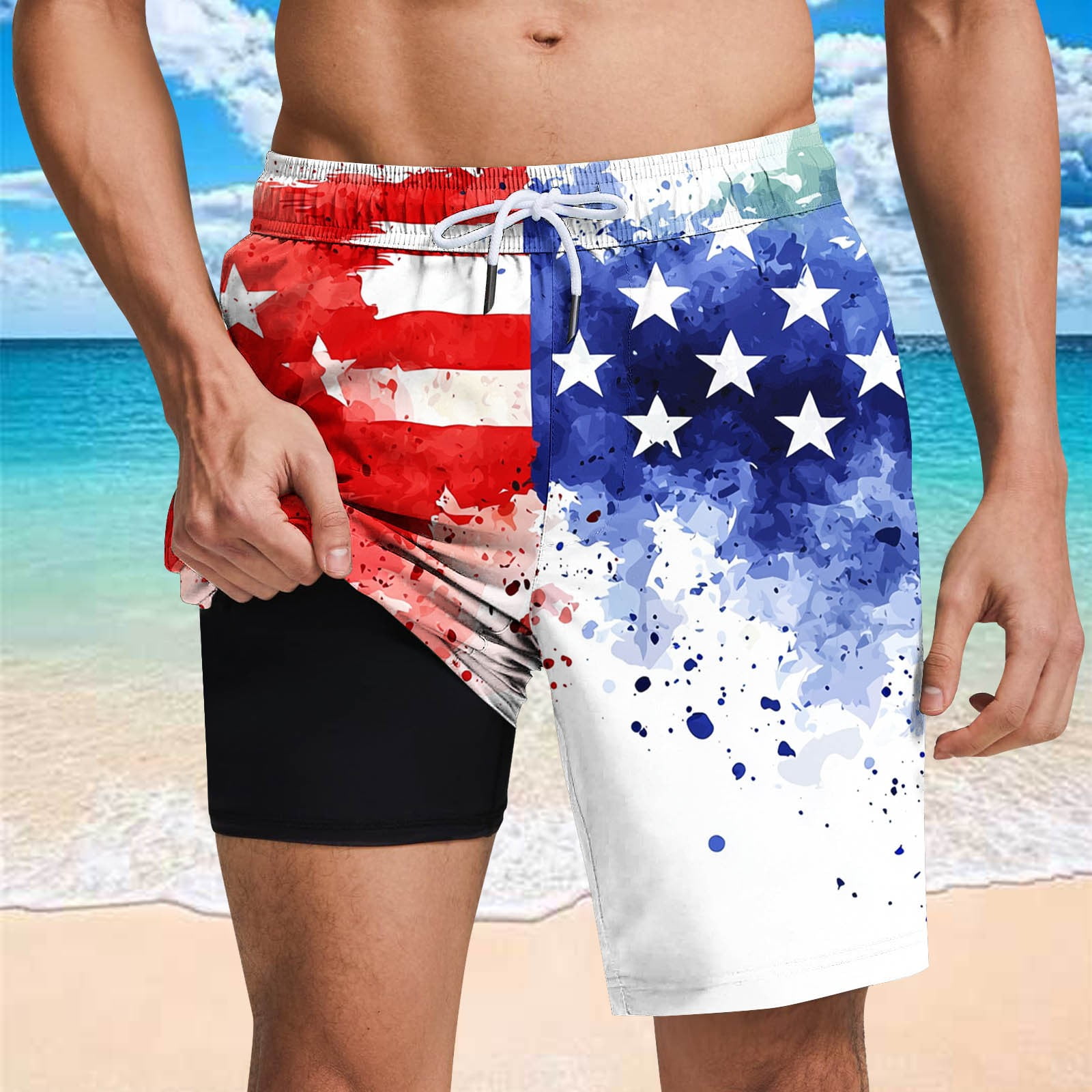 cllios Mens American Flag Swim Trunks with Compression Liner Quick Dry ...