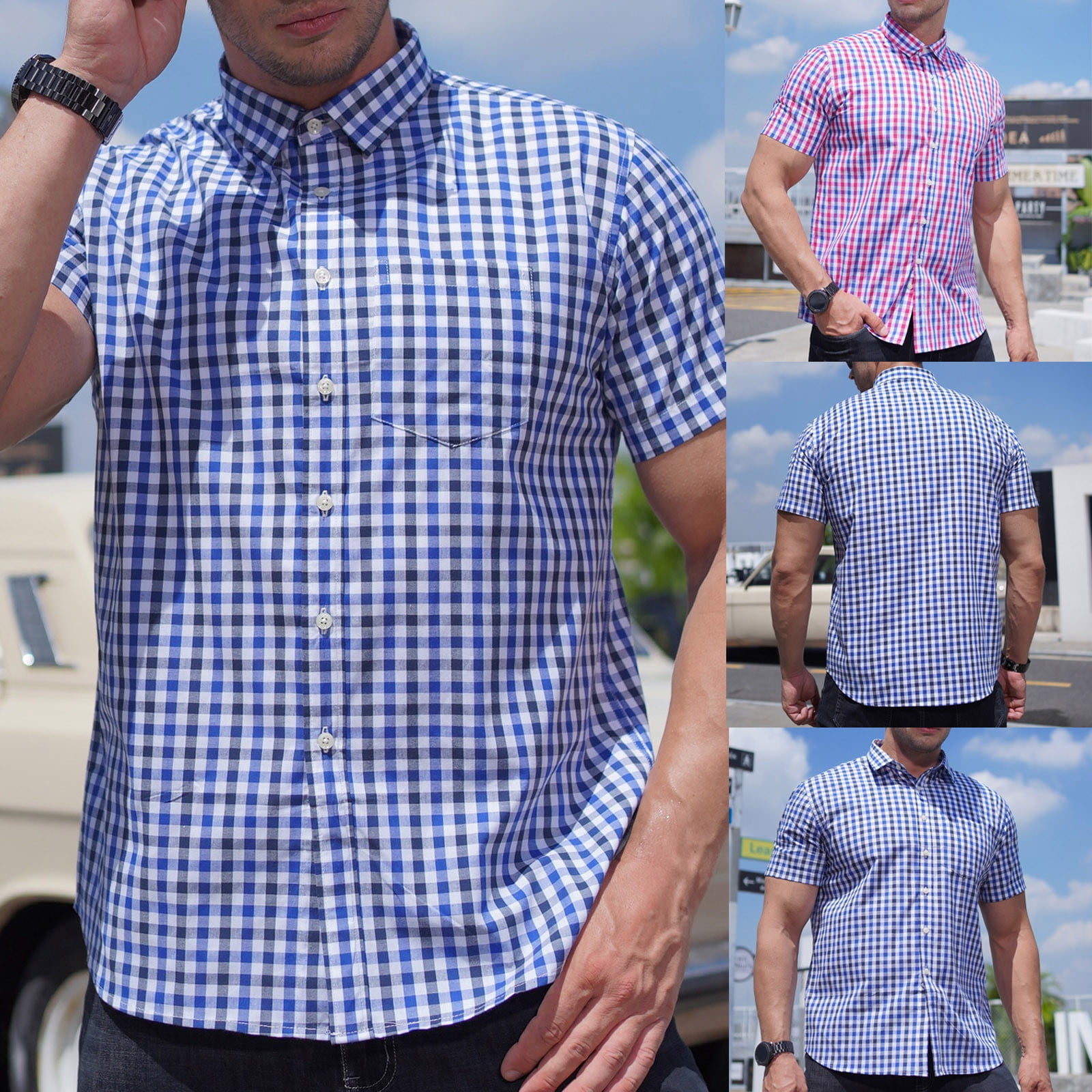 cllios Mens Big and Tall Short Sleeve Plaid Tshirt Casual Button Down ...