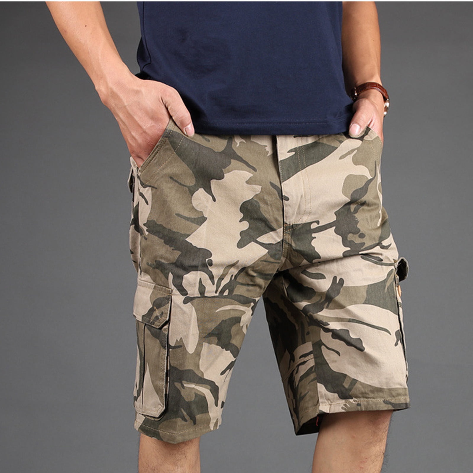 Cllios Mens Camo Cargo Shorts Elastic Waistband Cotton Ripstop Tactical Shorts Outdoor