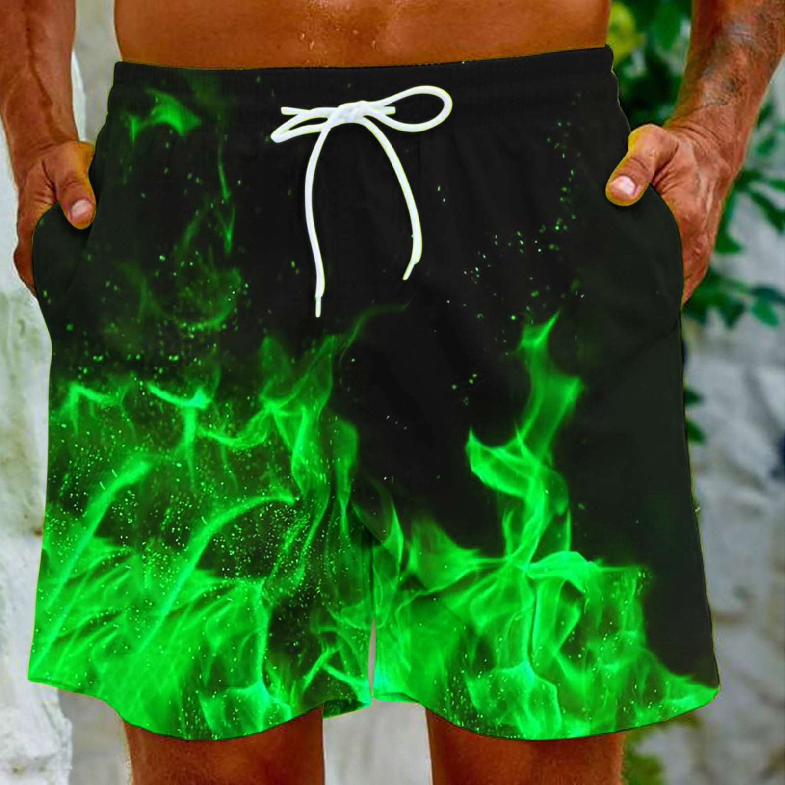 cllios Mens Casual Dressy Flame Printed Swim Trunks Vacation Drawstring ...