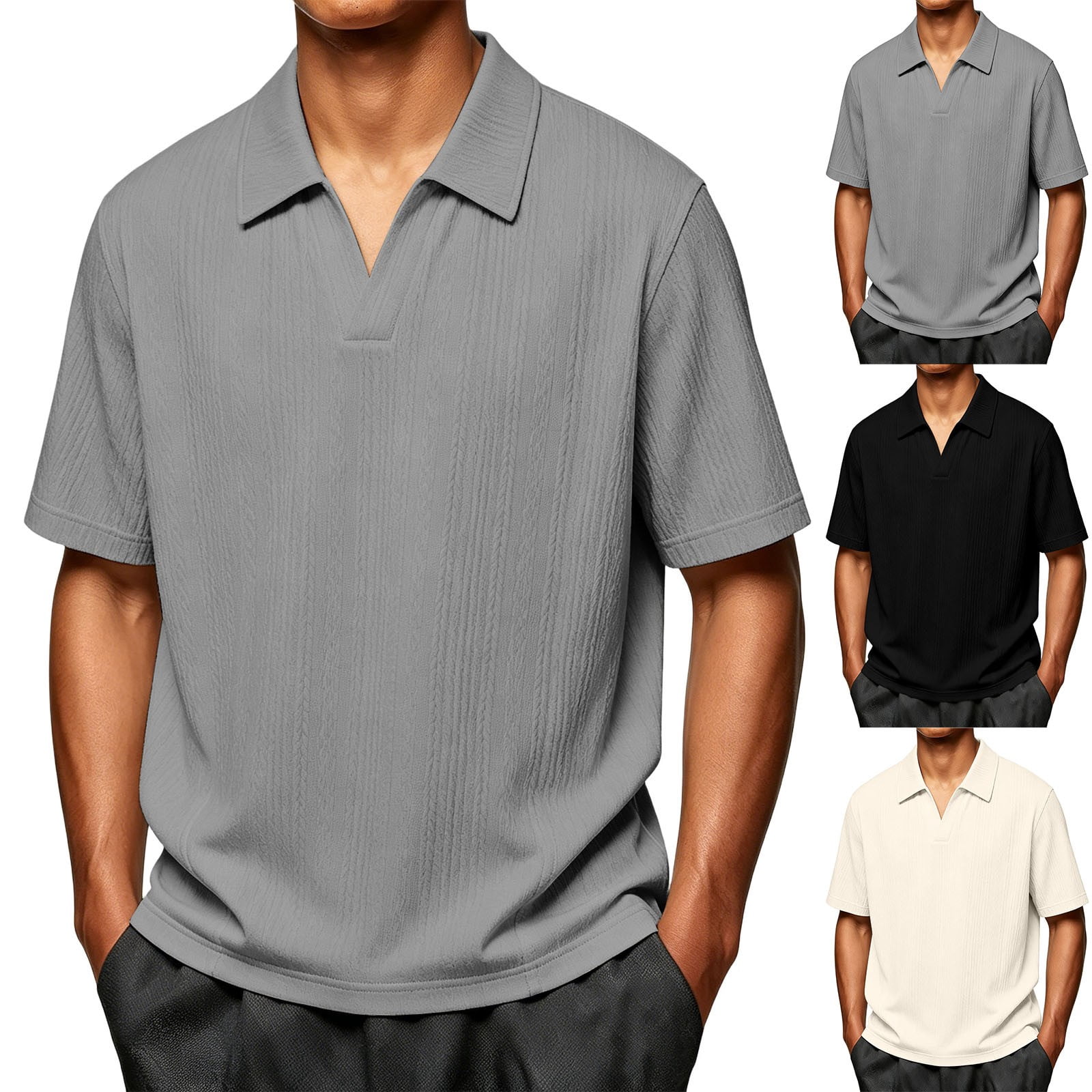 cllios Mens Casual T-Shirts Classic Short Sleeve Notched V Lapel T ...