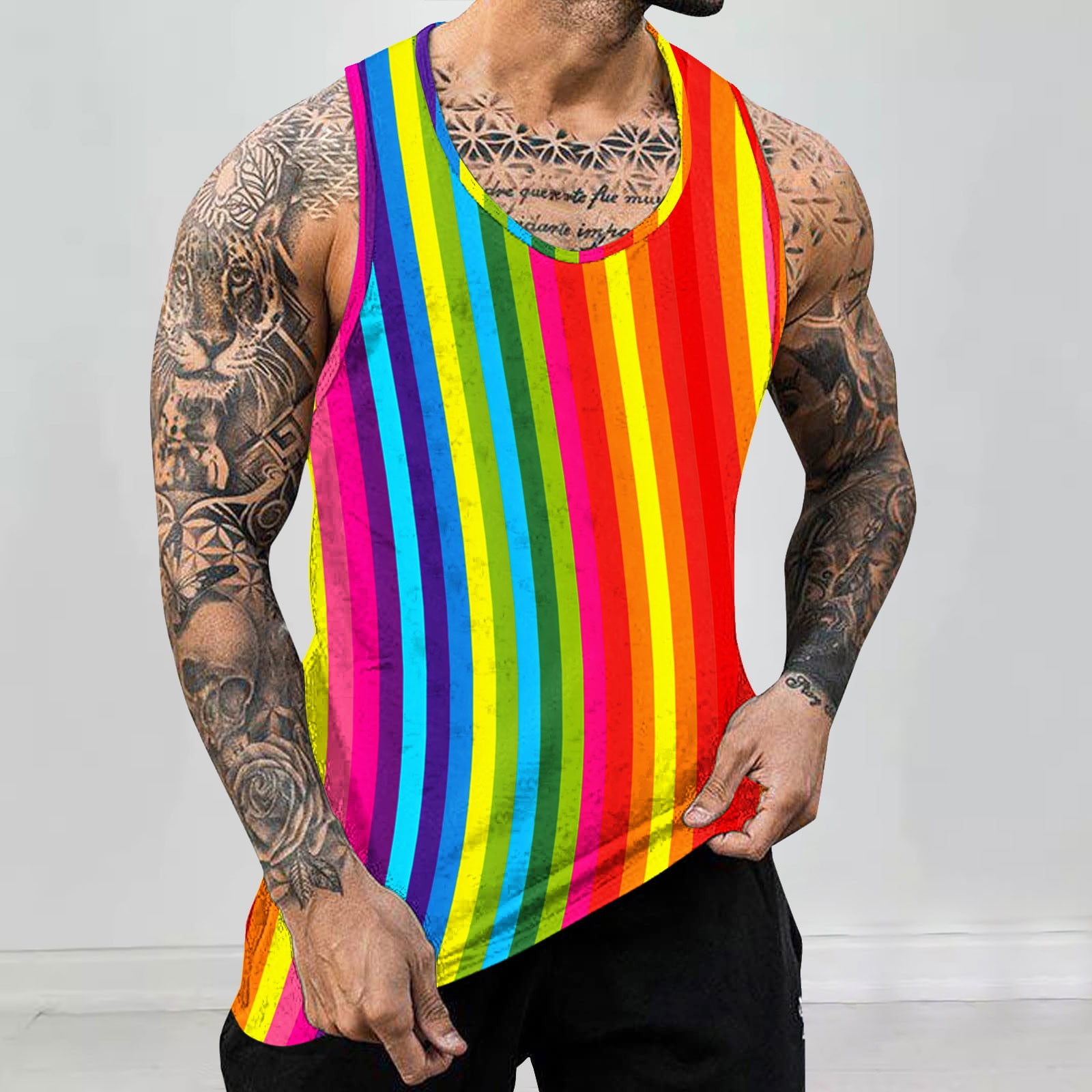 cllios Muscle Tank Tops for Men Big and Tall Stripes Graphic Tees Lightweight Sleeveless Round ...