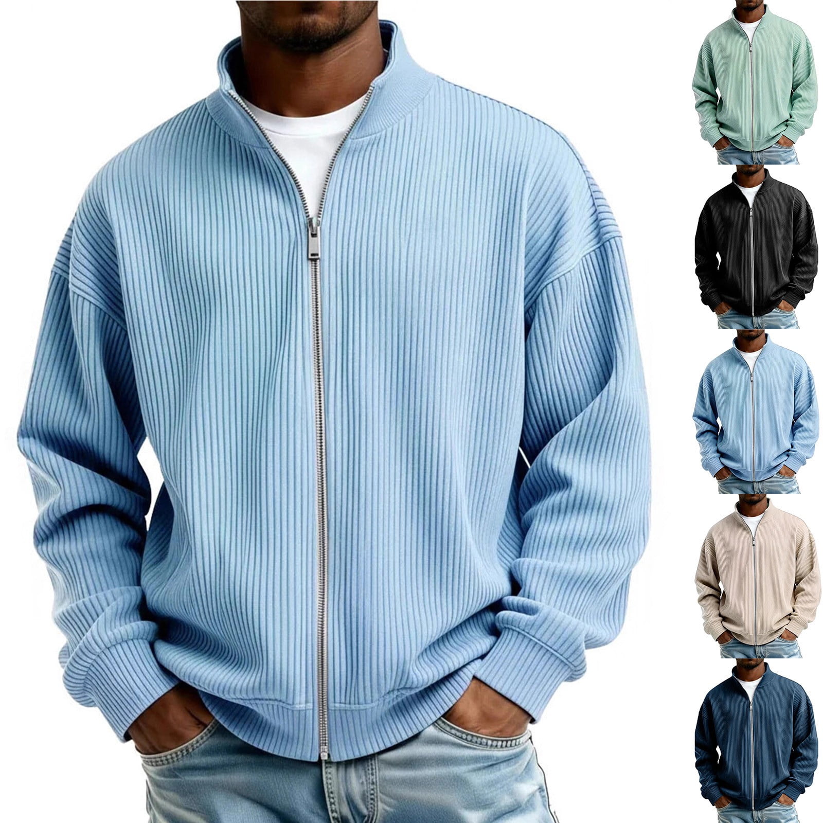 cllios Mens Full Zip Stand Collar Sweatshirt Ribbed Knit Long Sleeve ...