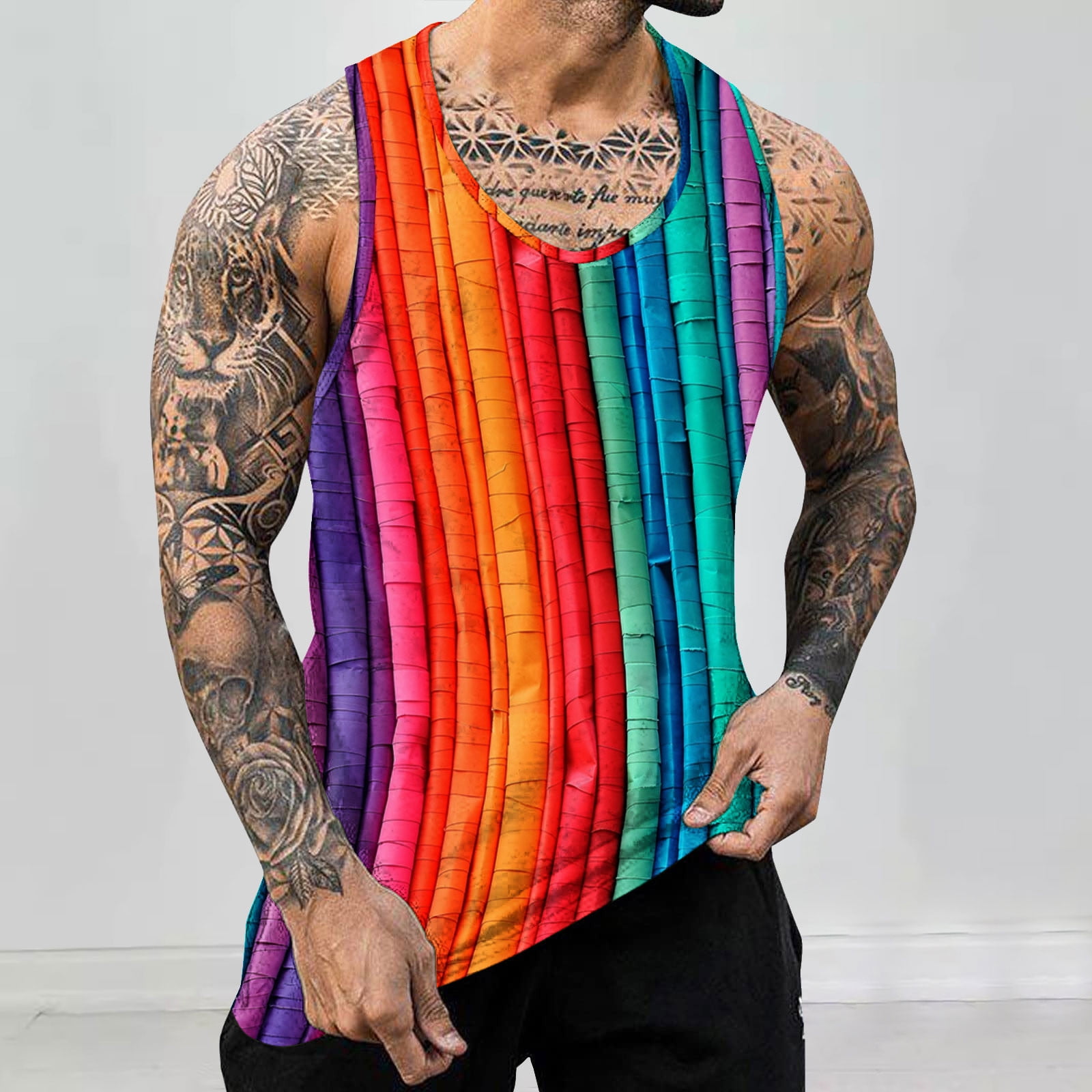 cllios Men's Workout Tank Tops Rainbow Stripes Sleeveless Muscle Shirts Crew Neck Athletic Tees ...