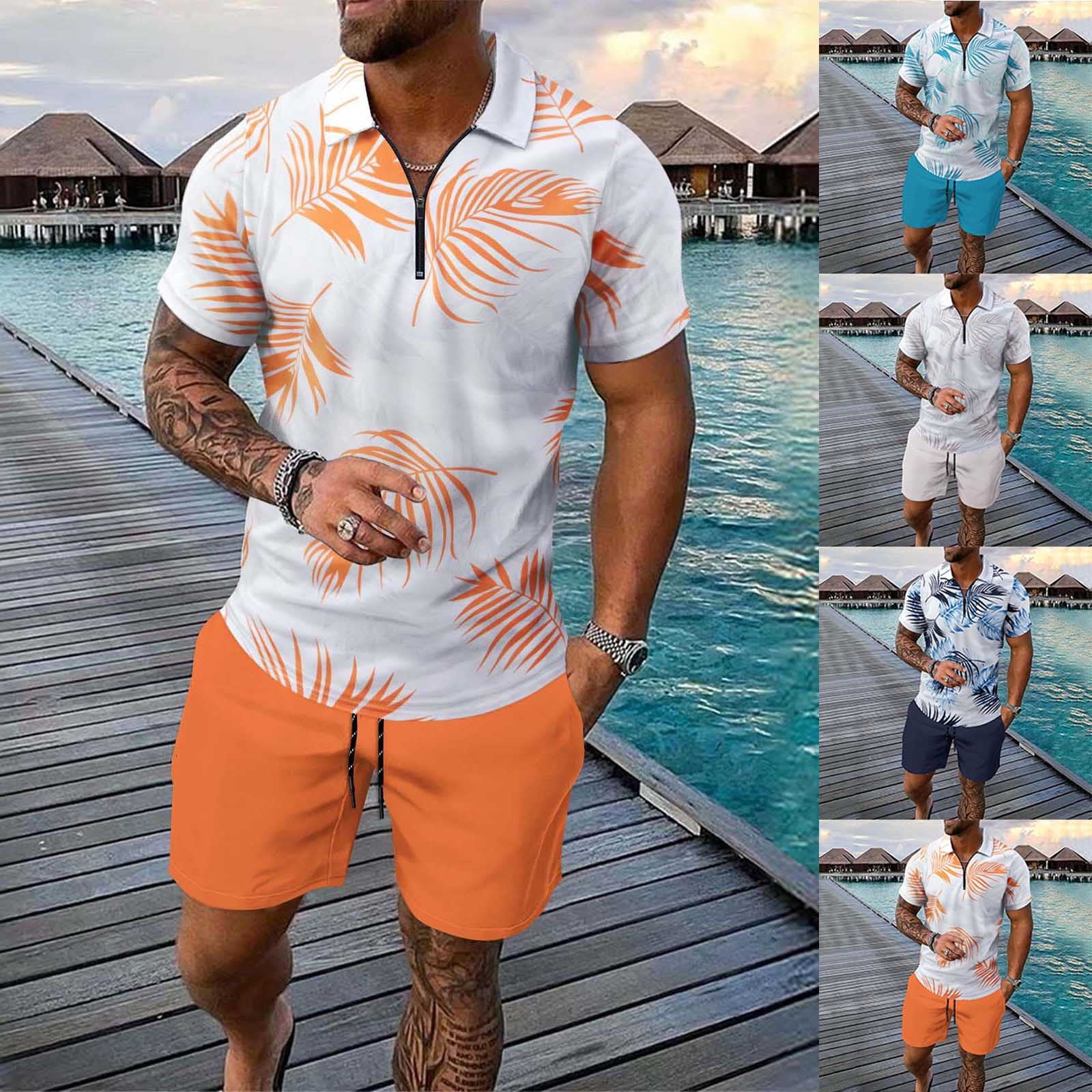 cllios Mens Hawaiian Matching Set Summer Beach 2 Piece Outfits Palm ...