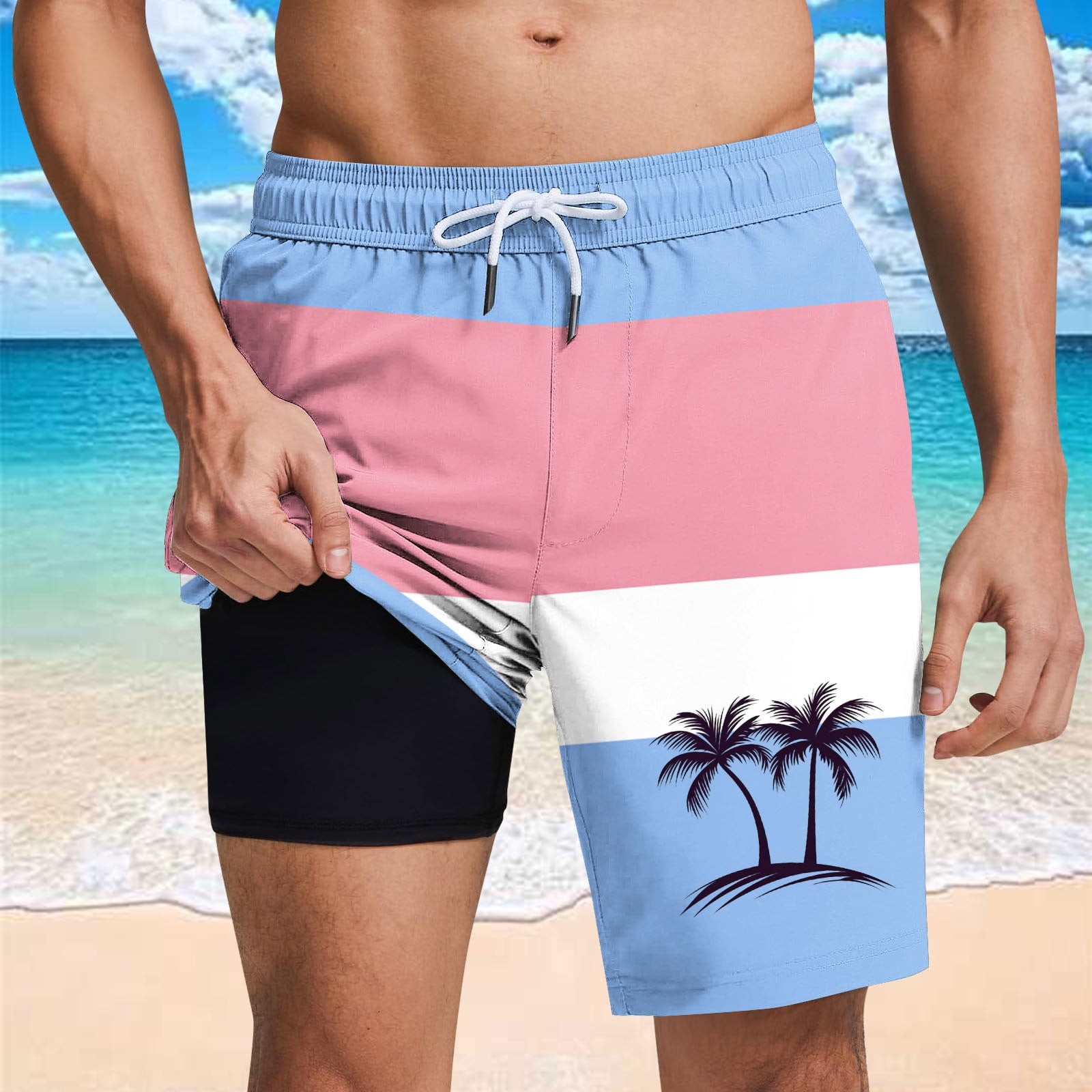 cllios Mens Hawaiian Shorts Trendy Striped Printed Tropical Beach ...