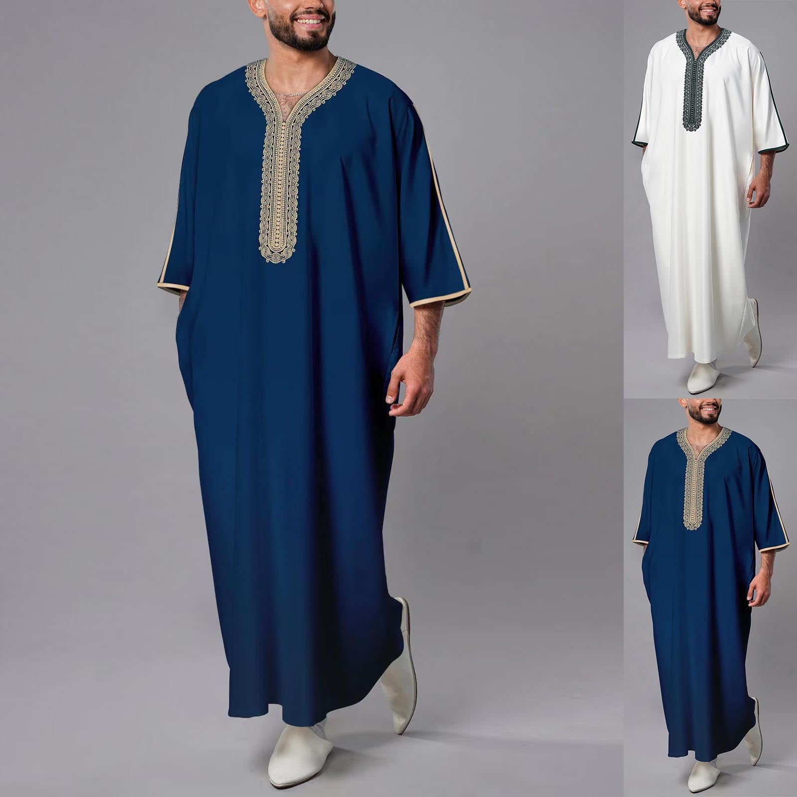 cllios Mens Kaftan Thobe V-Neck Half Sleeve Muslim Robe Dubai Long Gown ...