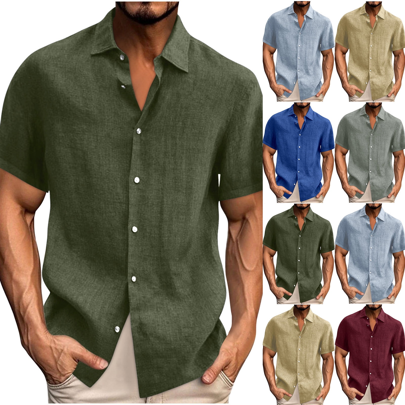 cllios Mens Linen Shirts Button Down Short Sleeve Shirt Casual Cotton Business Shirts Solid ...