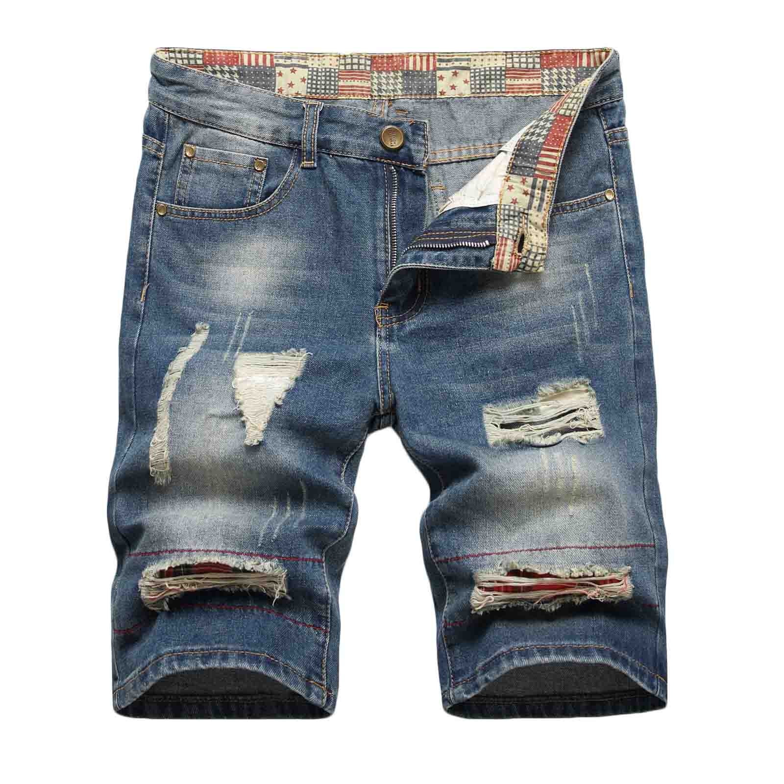 cllios Mens Retro Denim Shorts Ripped Distressed Jean Trunks Stretchy ...