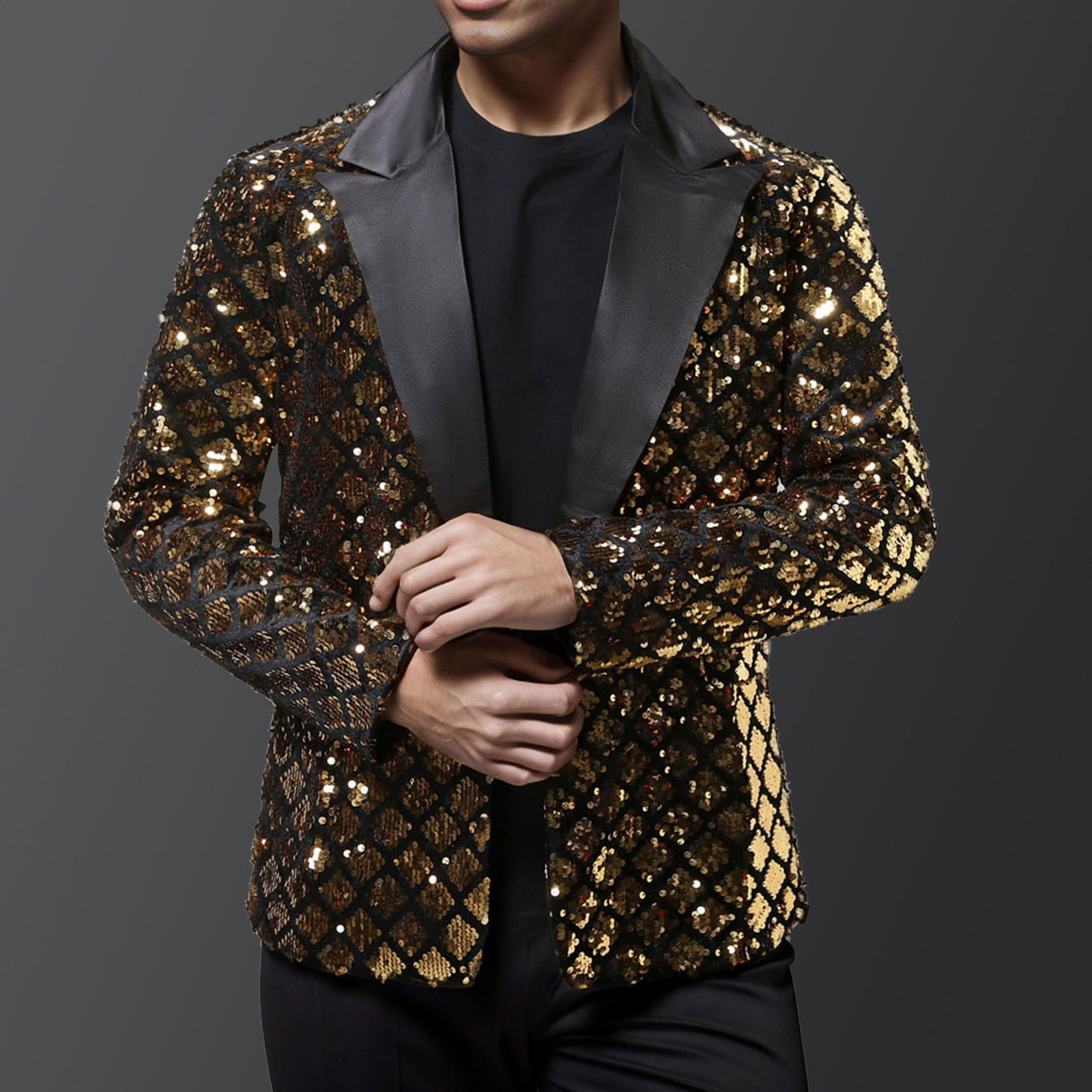 cllios Mens Shiny Sequin Blazer Notched Lapel Suit Long Sleeve Emcee ...
