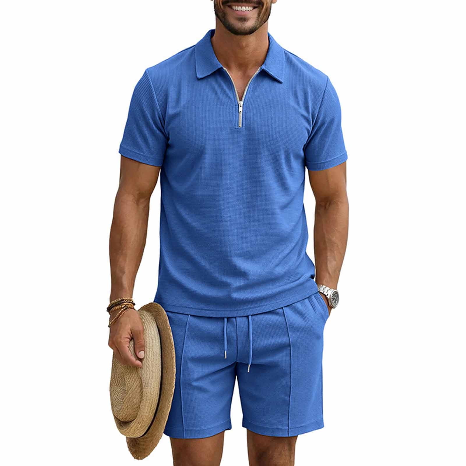 cllios Mens Short Sets 2 Piece Outfits Waffle Collar Shirt Summer ...