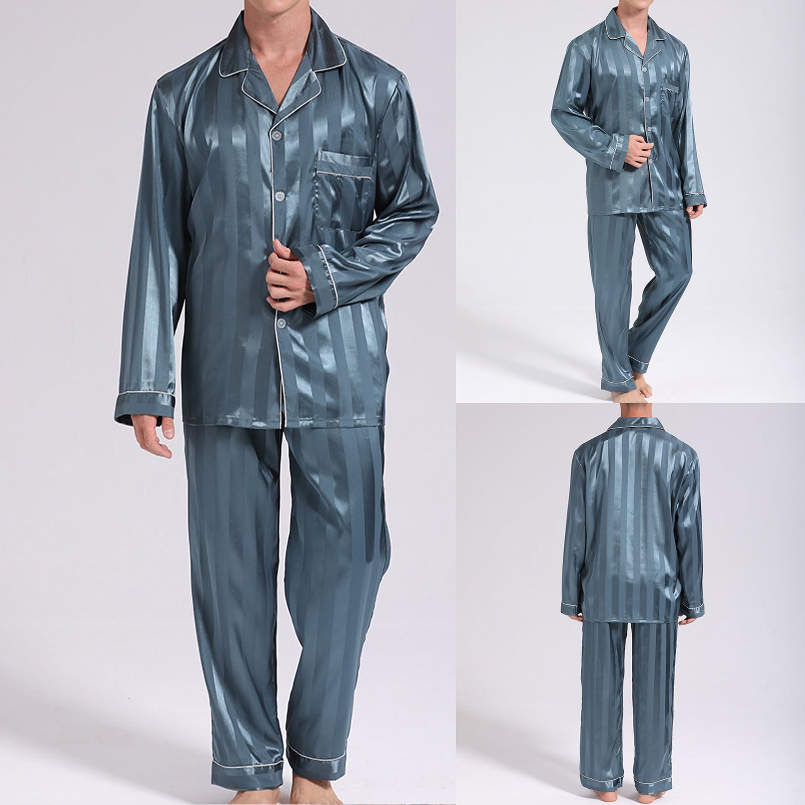 cllios Mens Silk Satin Pajamas Set, Stripes, Long Sleeve, Button-Down ...