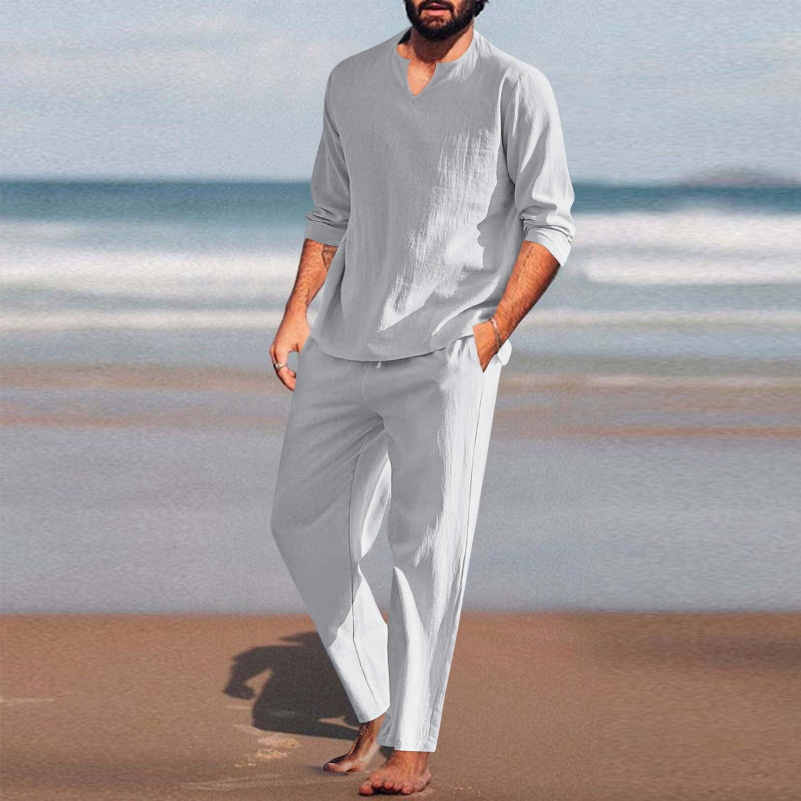 cllios Mens Sweatsuit Cotton Linen 2 Piece Set Long Sleeve Notch Neck ...
