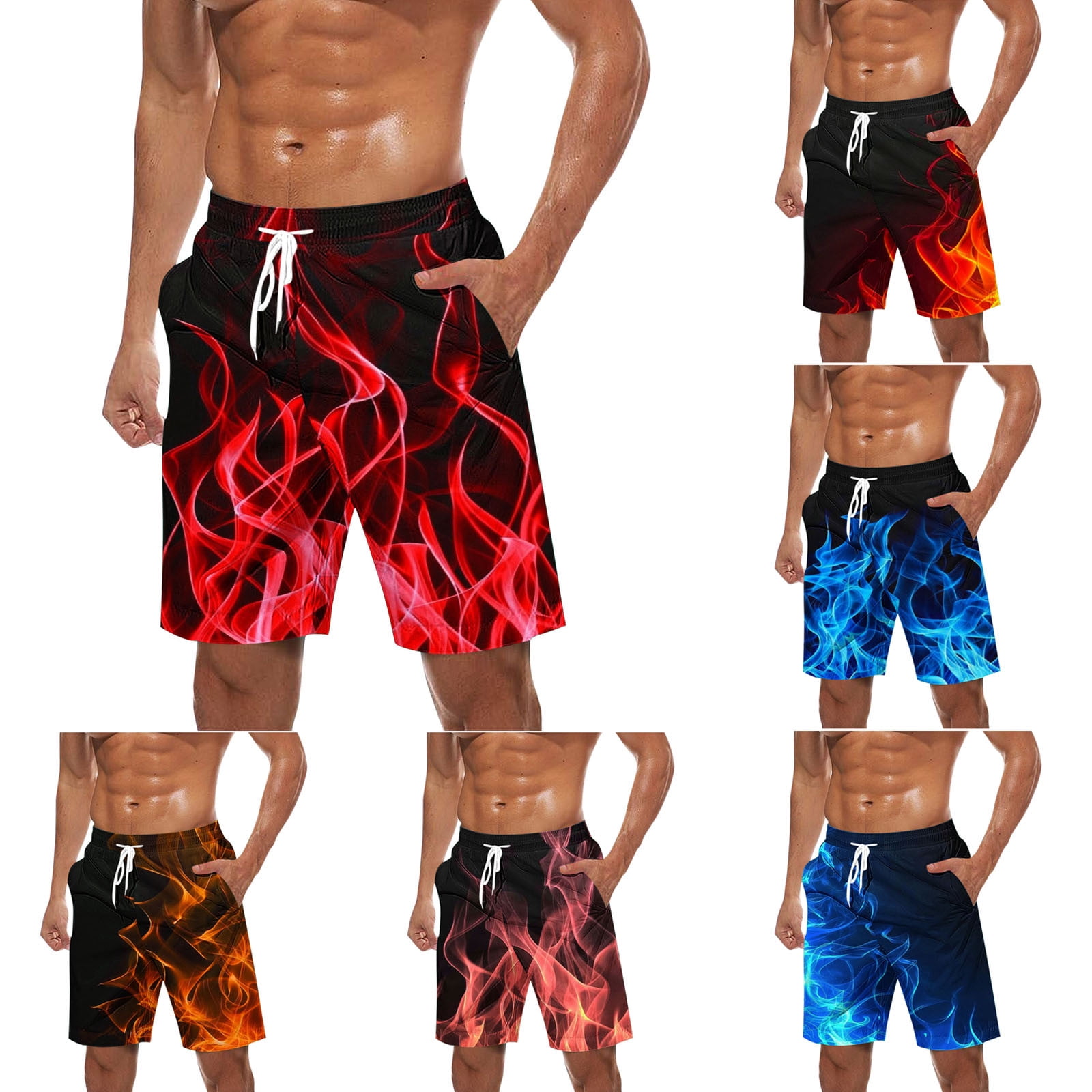 cllios Mens Swim Trunks Trendy Flame Print Drawstring Elastic Waist ...