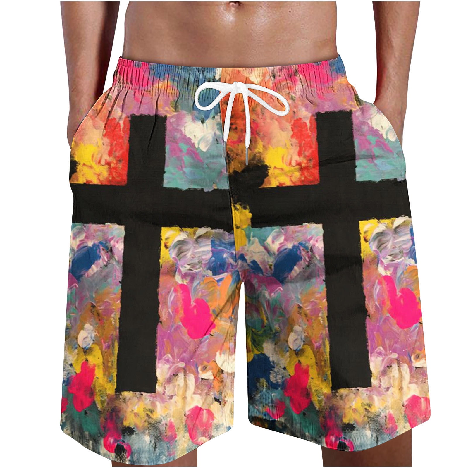 Cllios Mens Swimming Shorts Retro Jesus Cross Print Swim Trunk