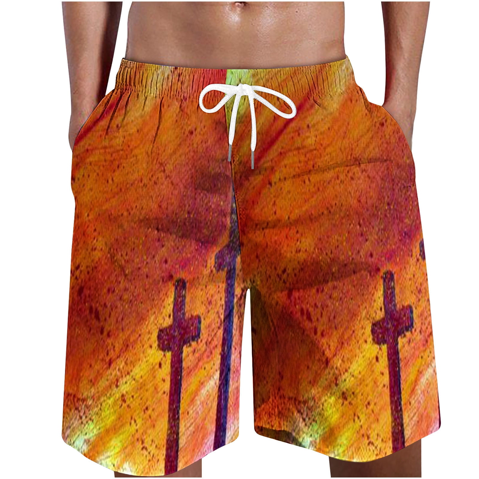 Cllios Mens Swimming Shorts Retro Jesus Cross Print Swim Trunks