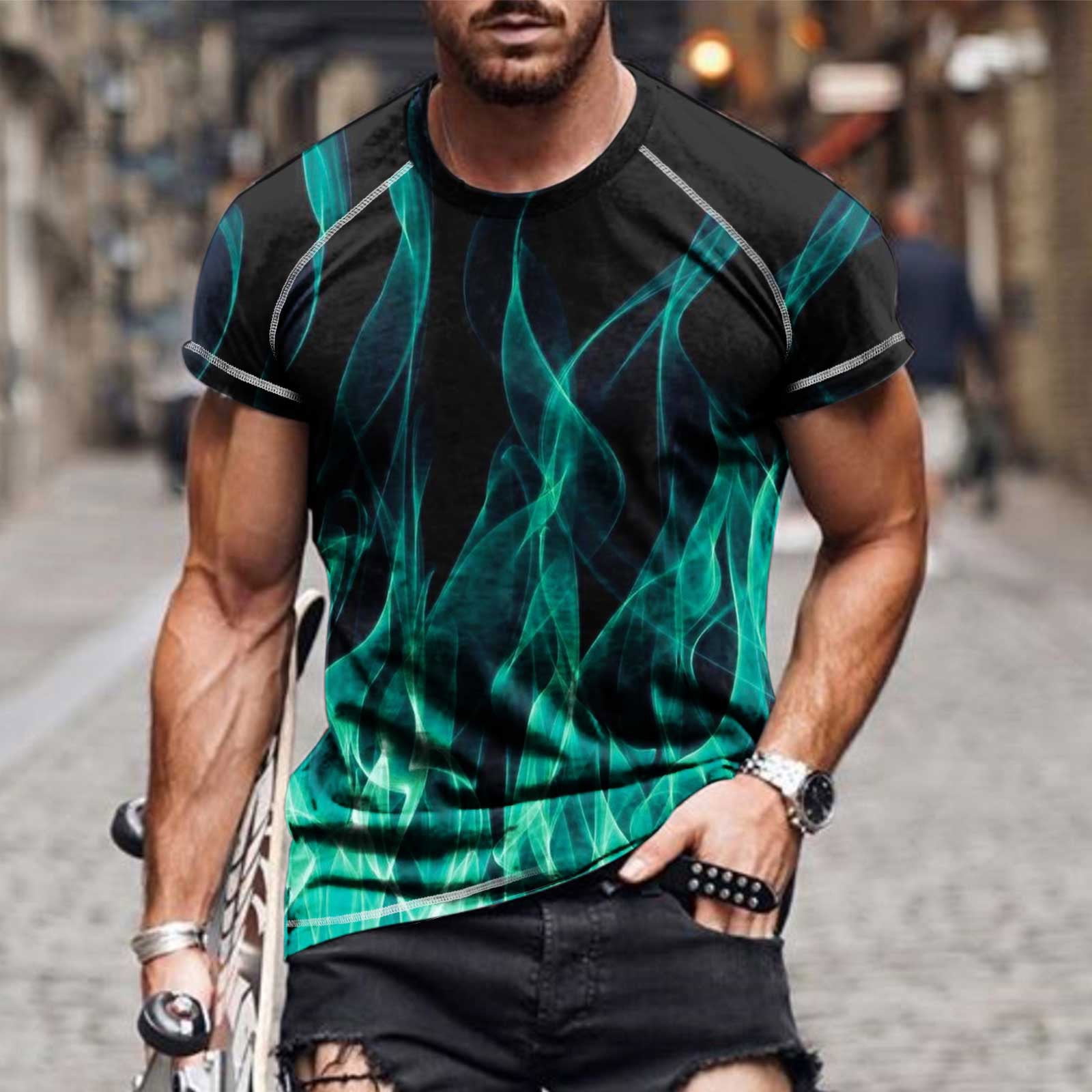 cllios Muscle Shirts for Men 3D Flame Graphic Tees Casual Short Sleeve ...