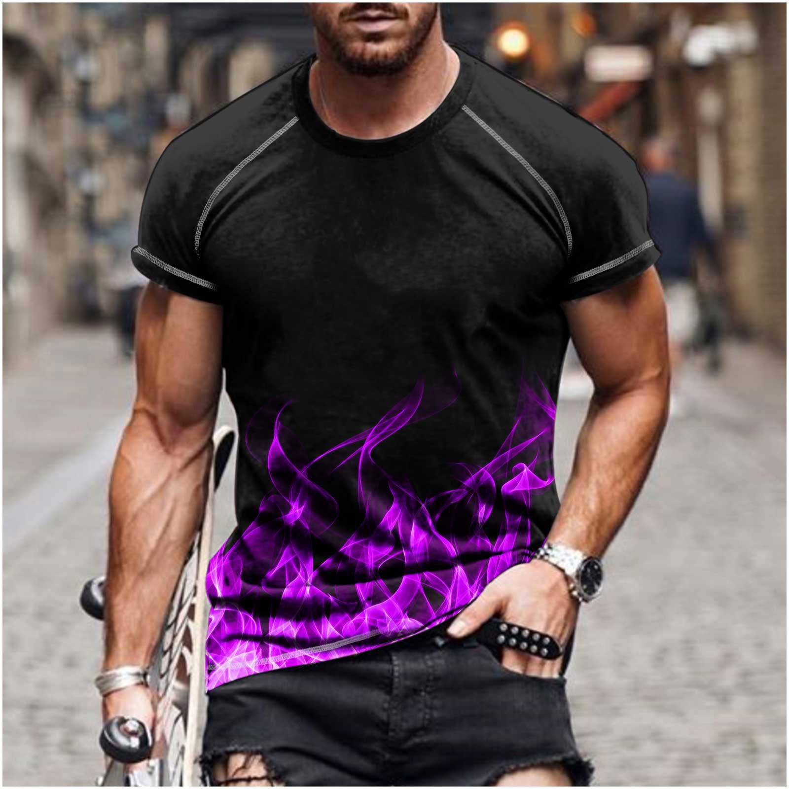 cllios Muscle Shirts for Men 3D Flame Graphic Tees Casual Short Sleeve Crew Neck Tops Big and ...