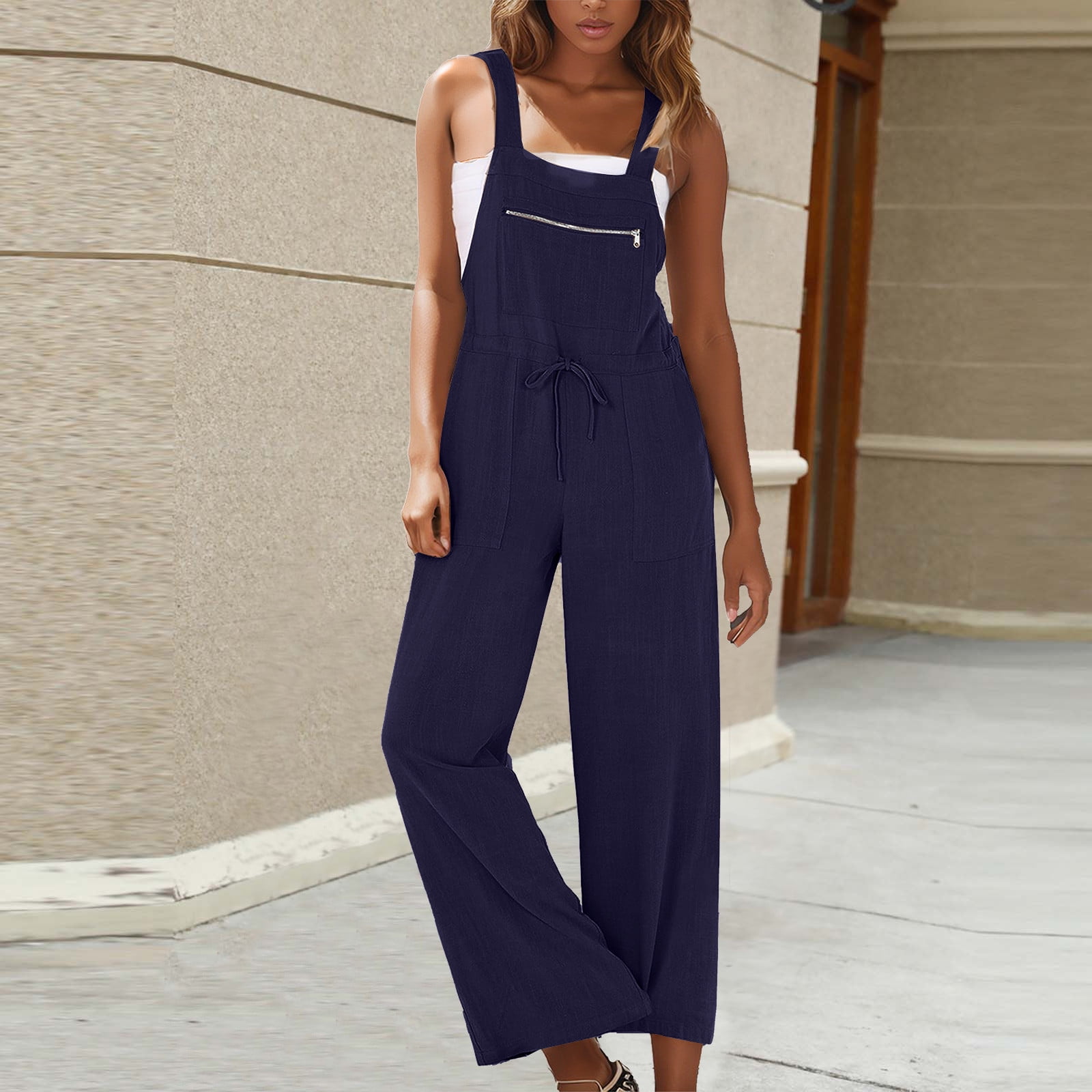 cllios Overalls for Women Summer Linen Jumpsuit Casual Drawstring High ...