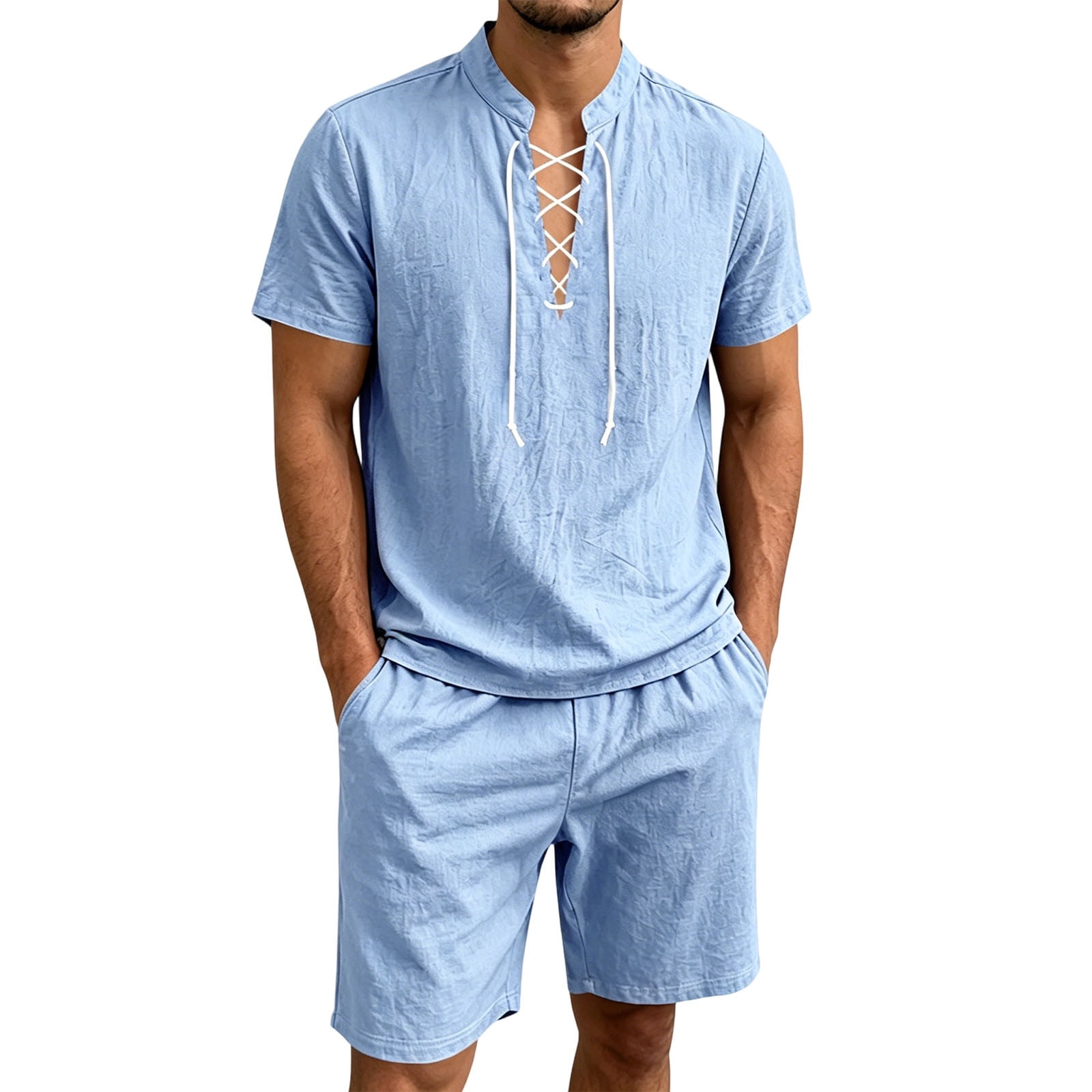 cllios Shirt and Shorts Set for Men Linen Summer Outfit Solid Retro ...