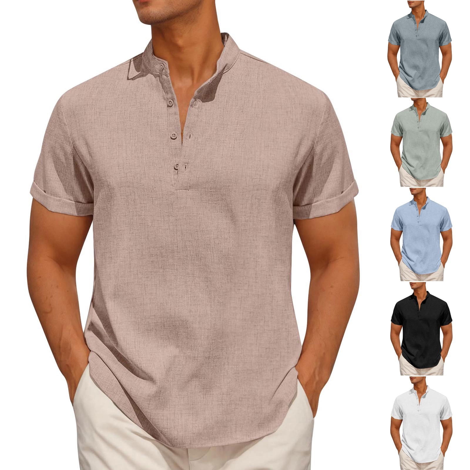 cllios Short Sleeve Henley Shirts for Men Cotton Linen Button Up T ...