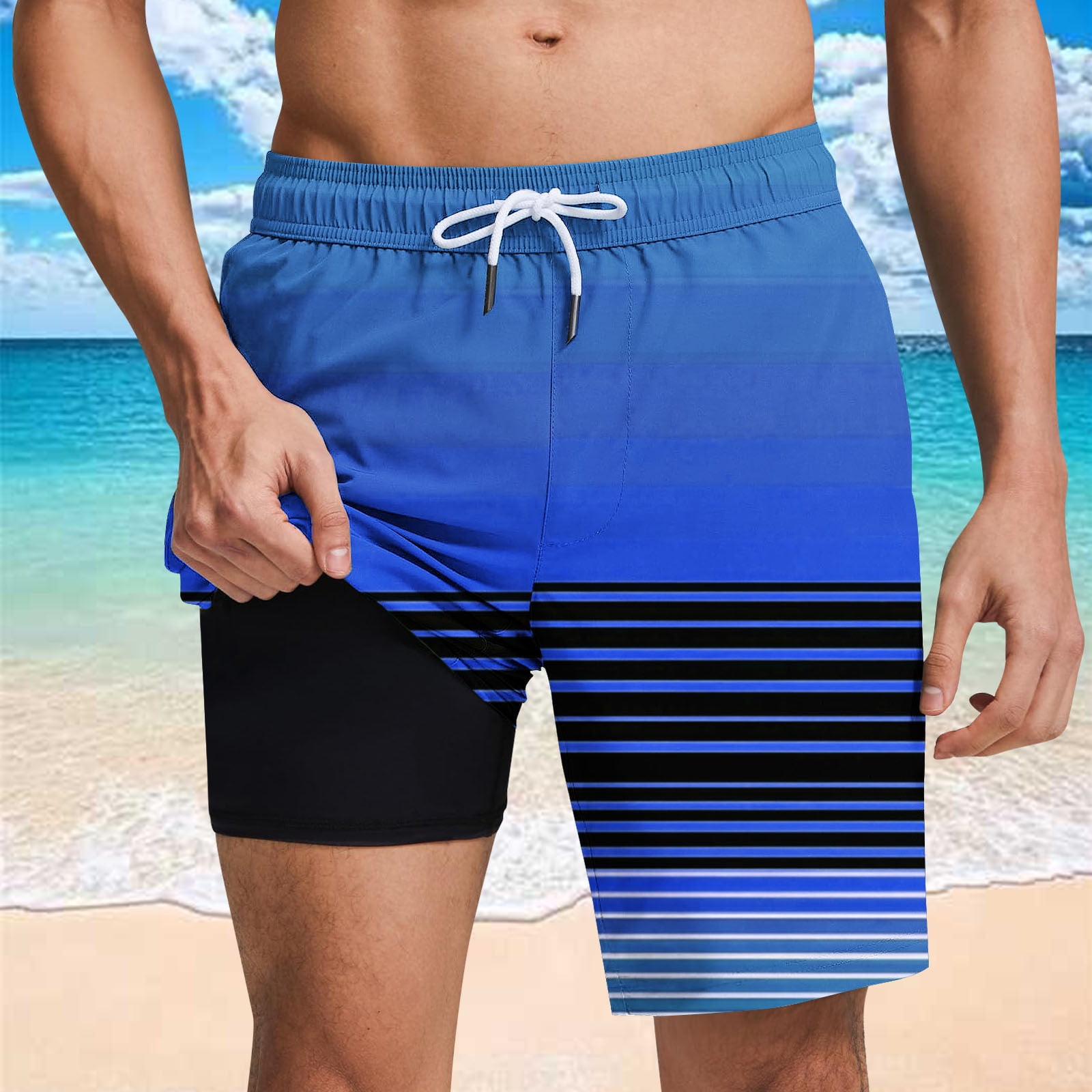 cllios Swim Trunks for Men Striped Surfing Shorts with Compression ...