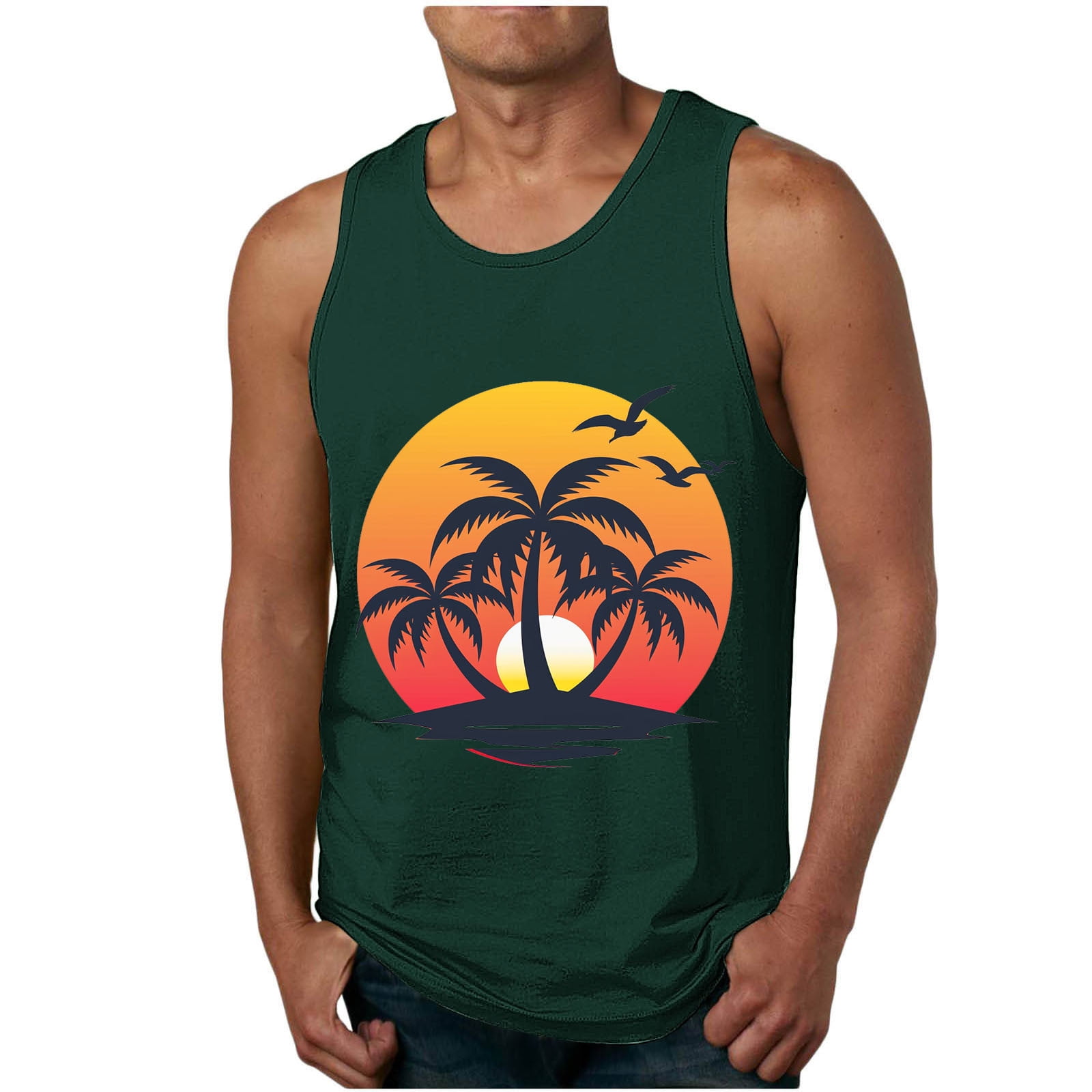 cllios Tank Tops for Men Beach Wear Tropical Hawaiian Palm Tree Print Sleeveless Shirts Muscle ...