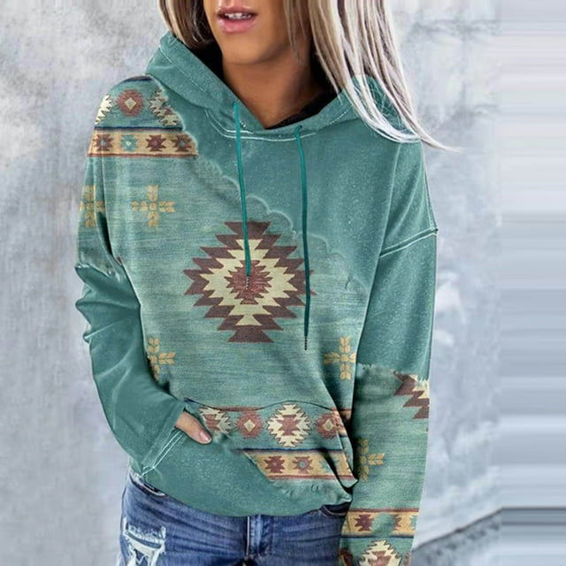 Cllios Western Aztec Cool Sweatshirt Women Geometric Graphic Hood Tops
