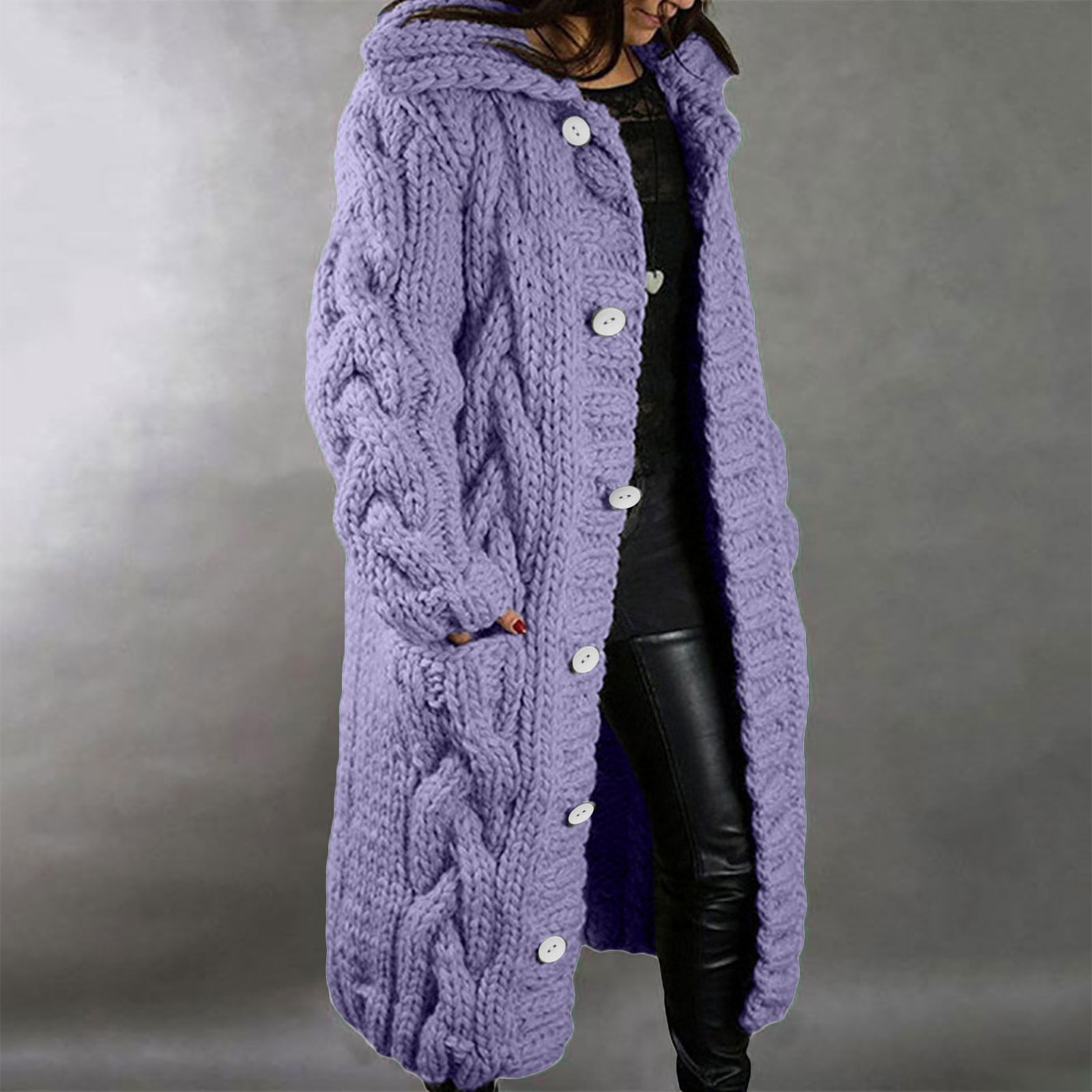 cllios Women Hooded Open Front Cardigan Cable Knit Sweaters Solid Color Button Down Chunky Long ...