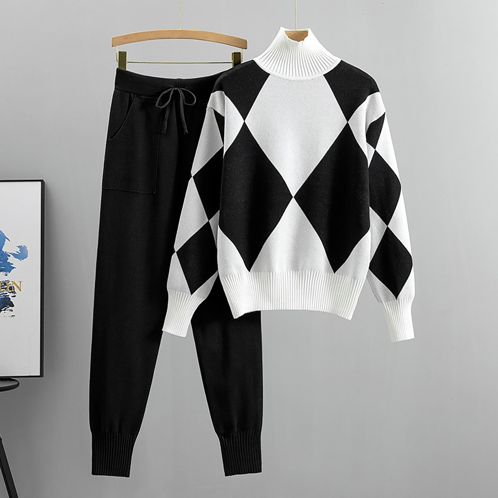 cllios Women Knit Sweatsuit Color Block Turtleneck Sweater Top and ...