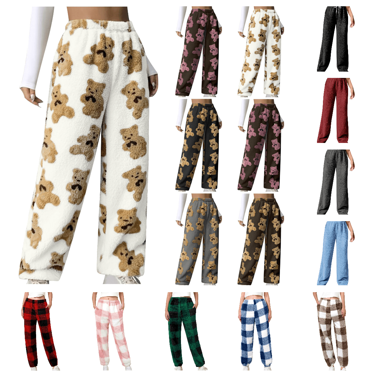cllios Women's Cute Bear Plush Pajama Pants, Soft Fluffy Fleece Warm ...