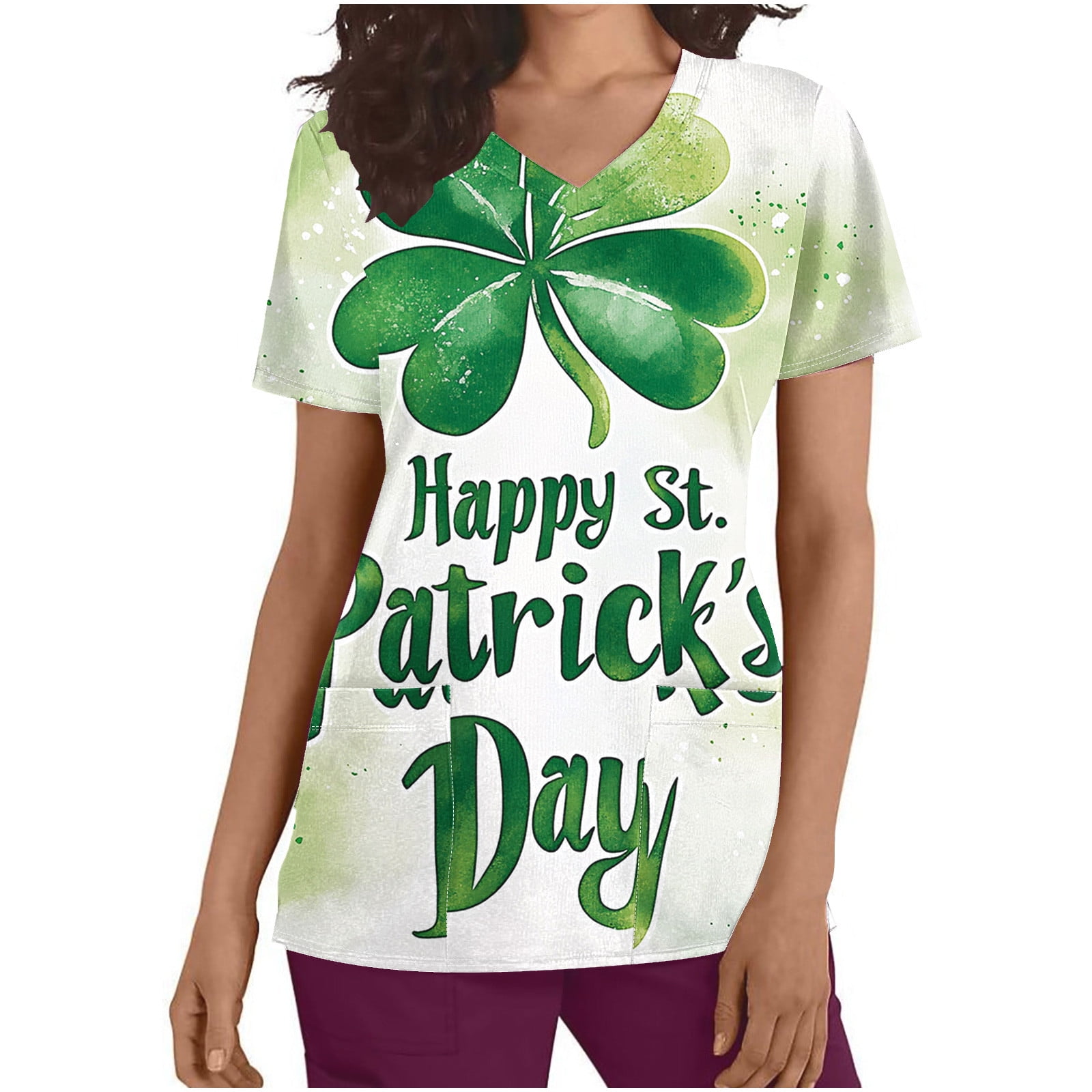 cllios Womens Print Scrub Tops Irish Shamrock Printed V Neck Scrub Tops ...