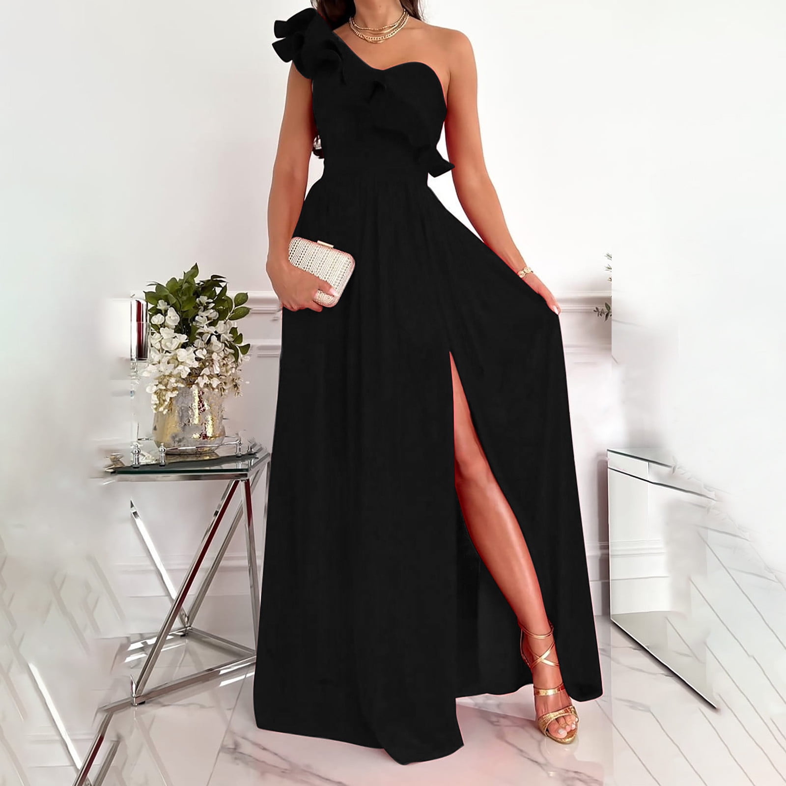 cllios Womens Wedding Guest Dresses Formal Ruffle One Shoulder Dresses ...