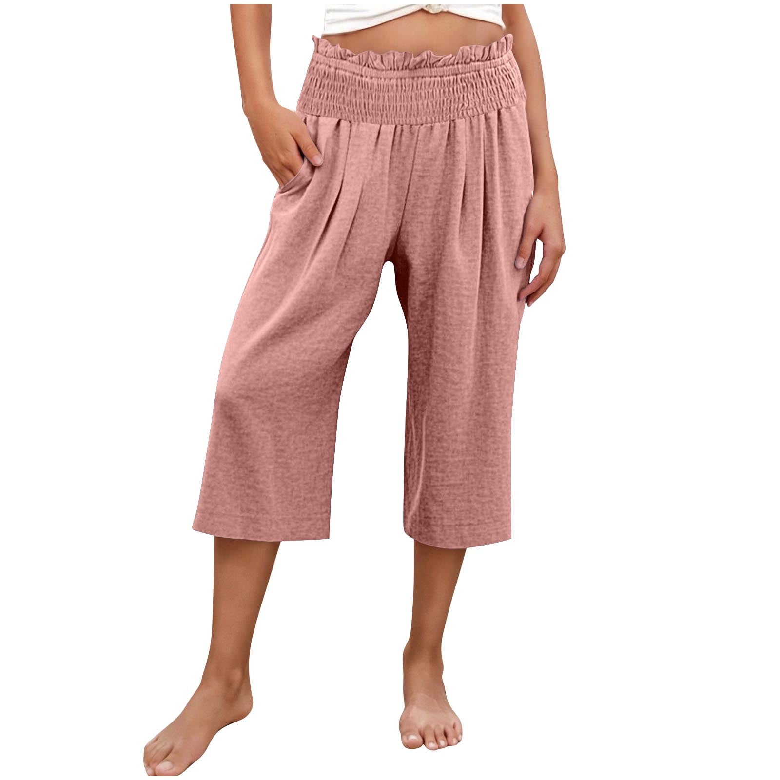 cocolona Capri Pants for Women Summer Elastic High Waist Ruffle Cropped ...