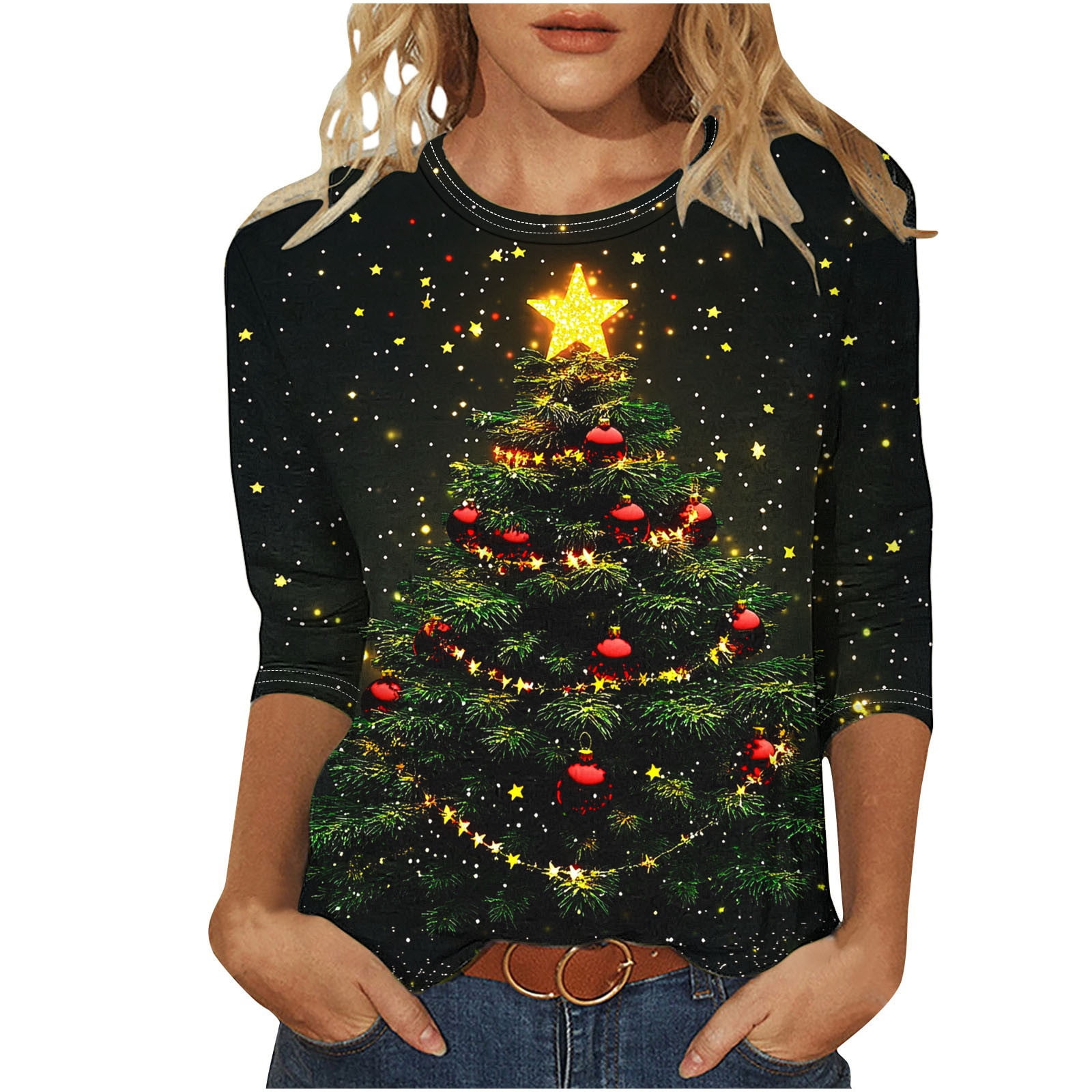 cocolona Christmas Shirts for Women Crew Neck 3/4 Sleeve T-shirt Plus ...